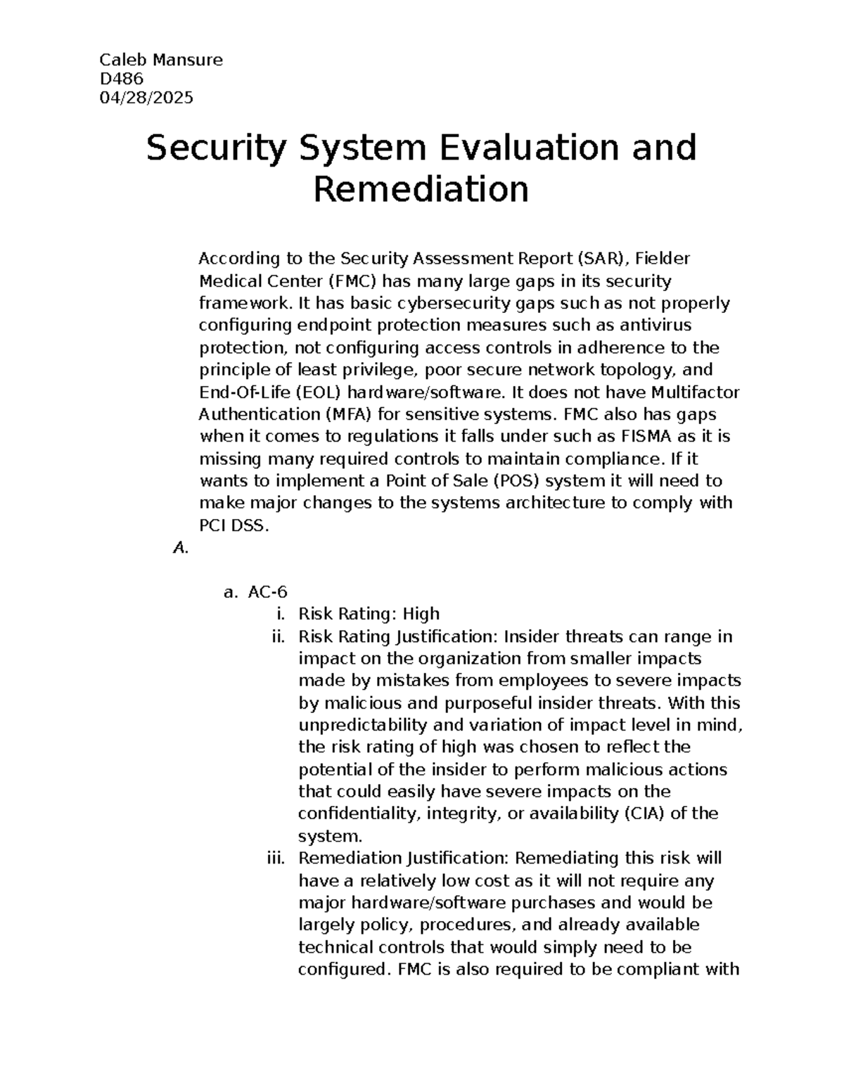 Caleb Mansure D486 Security System Evaluation & Remediation Report ...