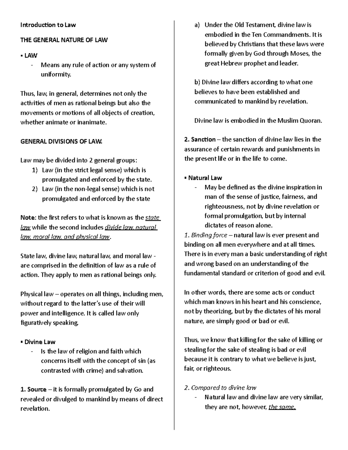Introduction to Law - Lecture Notes on General Law Divisions - Studocu