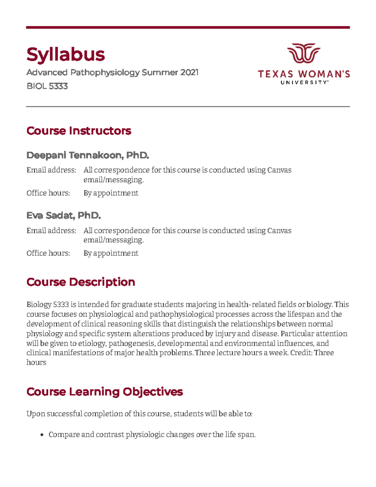 Biol 5333 Advanced Pathophysiology Course Syllabus - Texas Woman's U ...