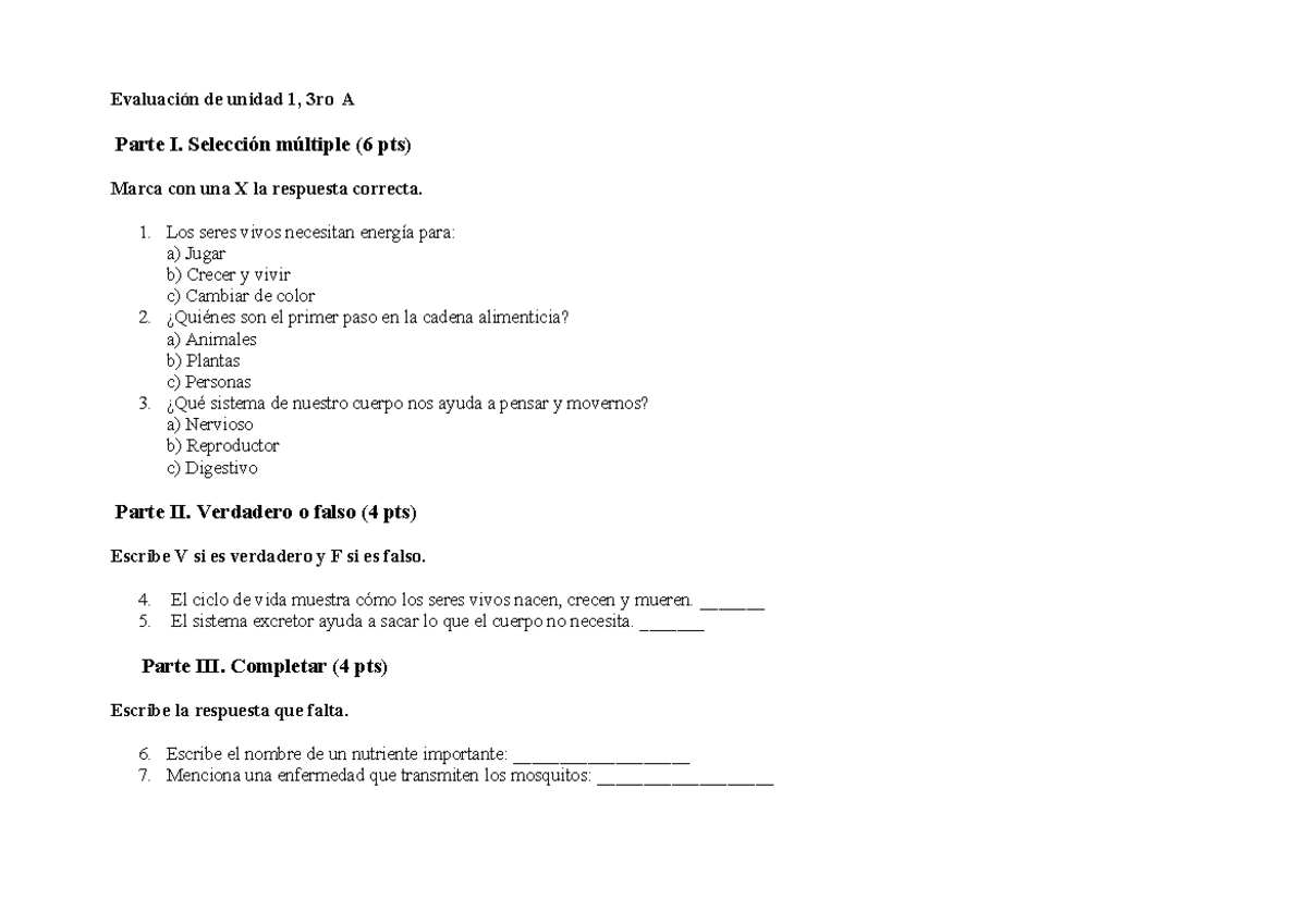 Evaluación de Unidad 1 Naturales - 3ro A (Selección Múltiple y ...