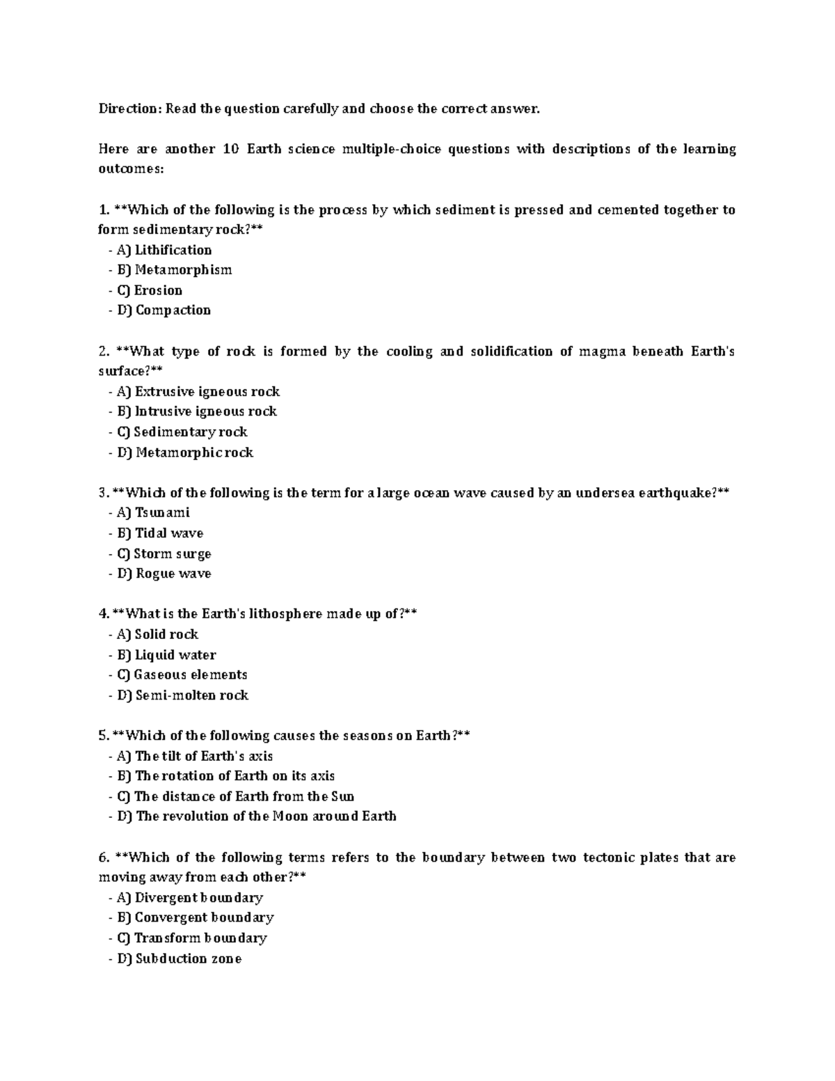 EE17 - Earth Science Quiz: Key Concepts and Learning Outcomes - Studocu