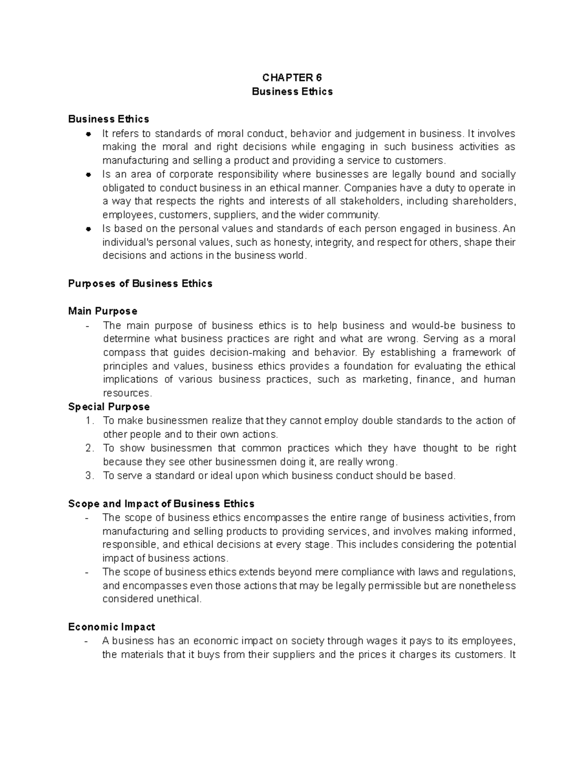 Chapter 6 - Business Ethics Overview and Key Concepts - Studocu