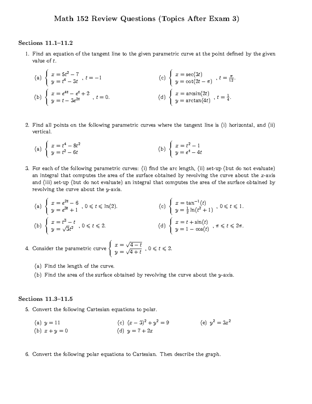 Math 152 Review Questions: Parametric Curves & Polar Coordinates - Studocu