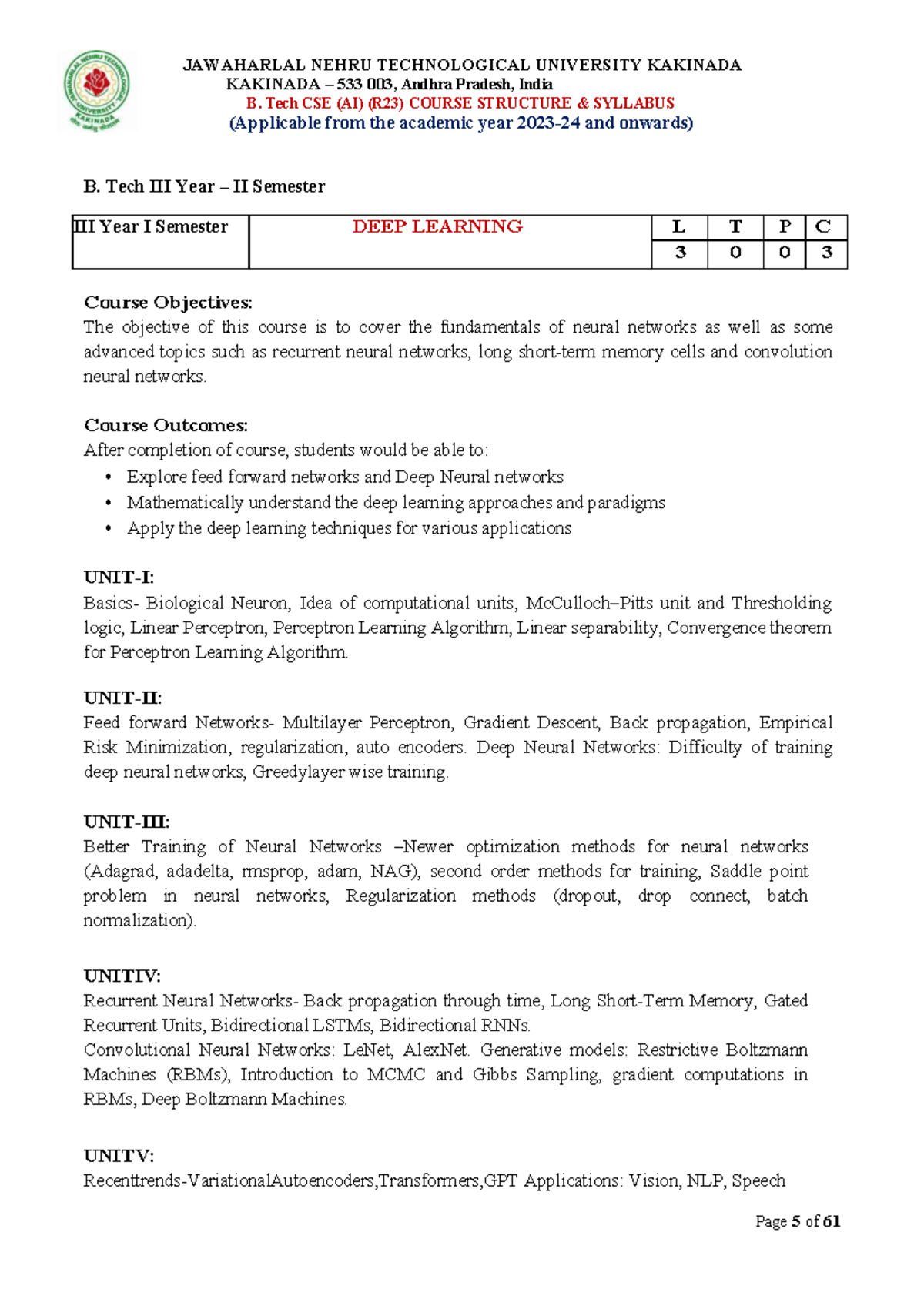 R23 B.Tech CSE (AI) Deep Learning Course Structure & Syllabus - Studocu