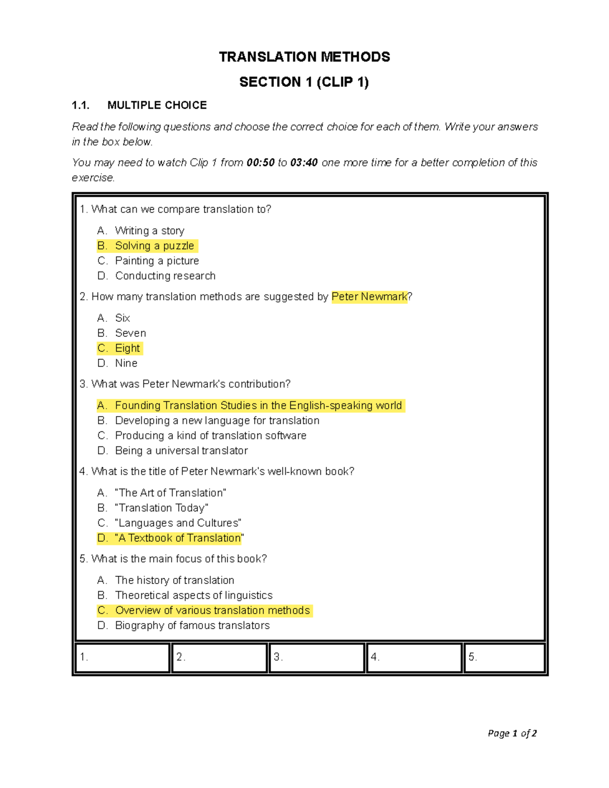 TRANSLATION METHODS QUIZ (CLIP 1) - MULTIPLE CHOICE QUESTIONS - Studocu