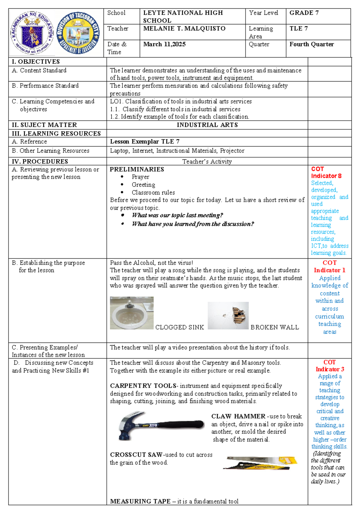 TLE 7 Lesson Plan: Understanding Tools & Equipment in Industrial Arts ...