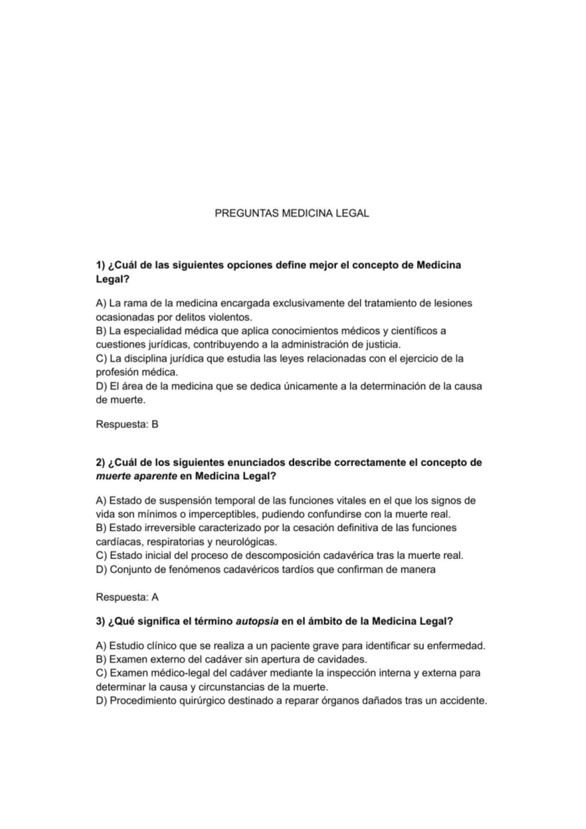 Preguntas de Medicina Legal - Recopilación de Exámenes y Test - Studocu