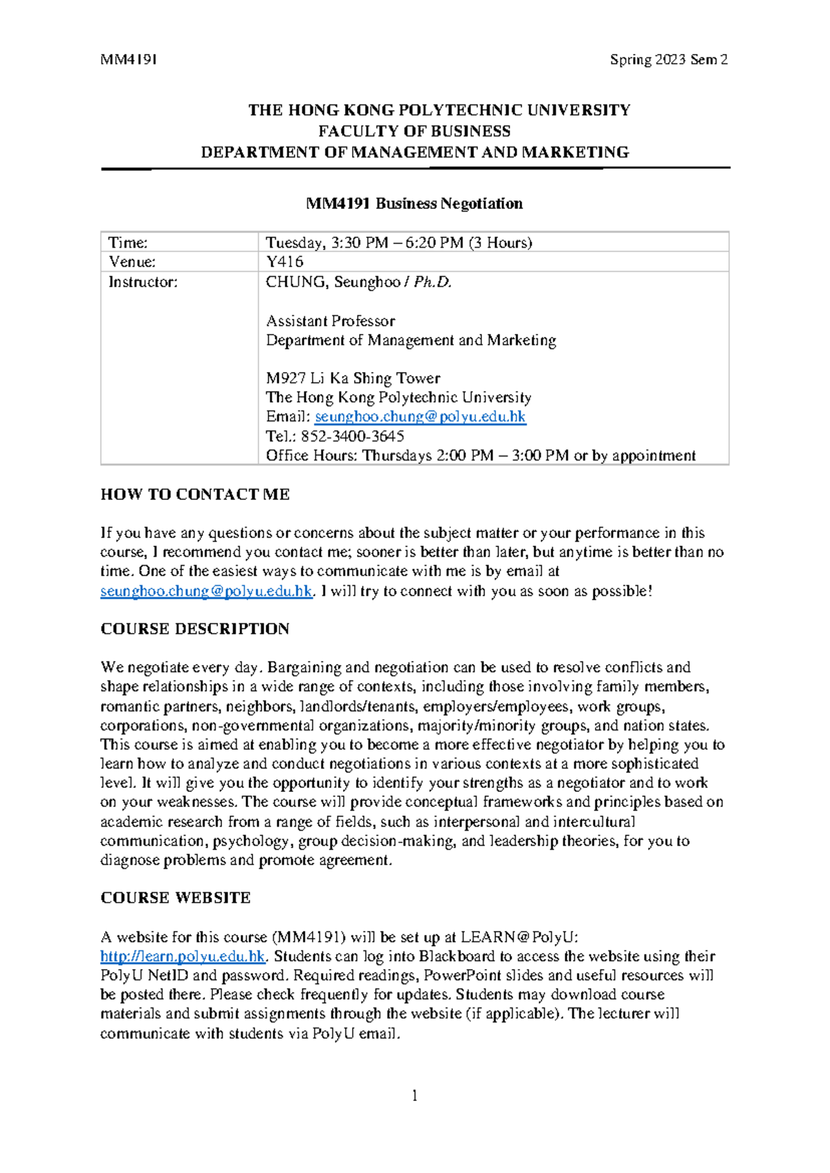 MM4191 Business Negotiation Syllabus 2023 Semester 2 - Seunghoo Chung ...