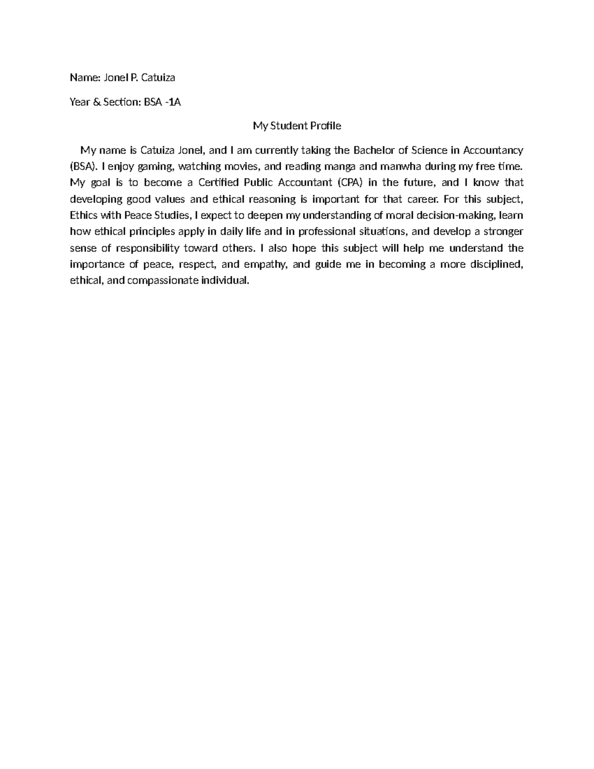 BSA Ethics Assignment: Developing Values and Responsibility - Studocu