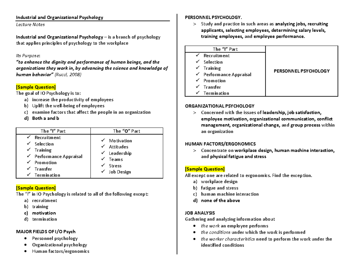 IO Psychology (Industrial Organization) Lecture Notes Overview - Studocu
