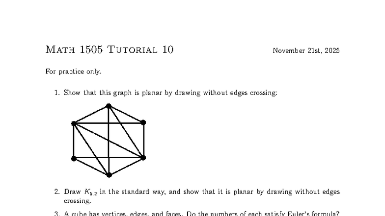 Math 1505 Tutorial 10: Planar Graphs and Properties Analysis - Studocu