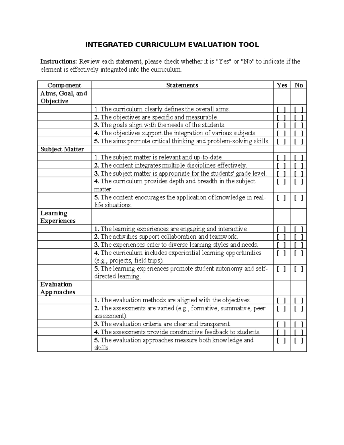 Integrated Curriculum Evaluation TOOL - INTEGRATED CURRICULUM ...