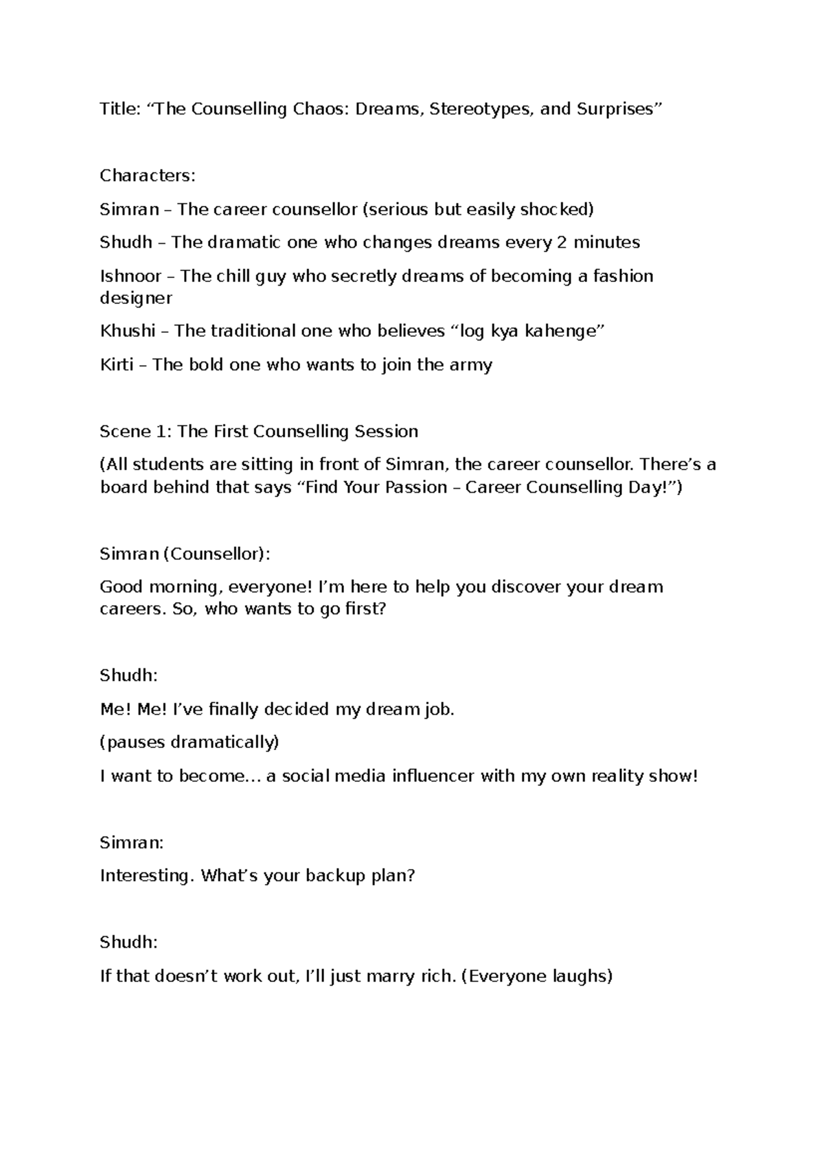 Title: ROLE PLAY Script: Career Counselling Chaos in Class 101 - Studocu