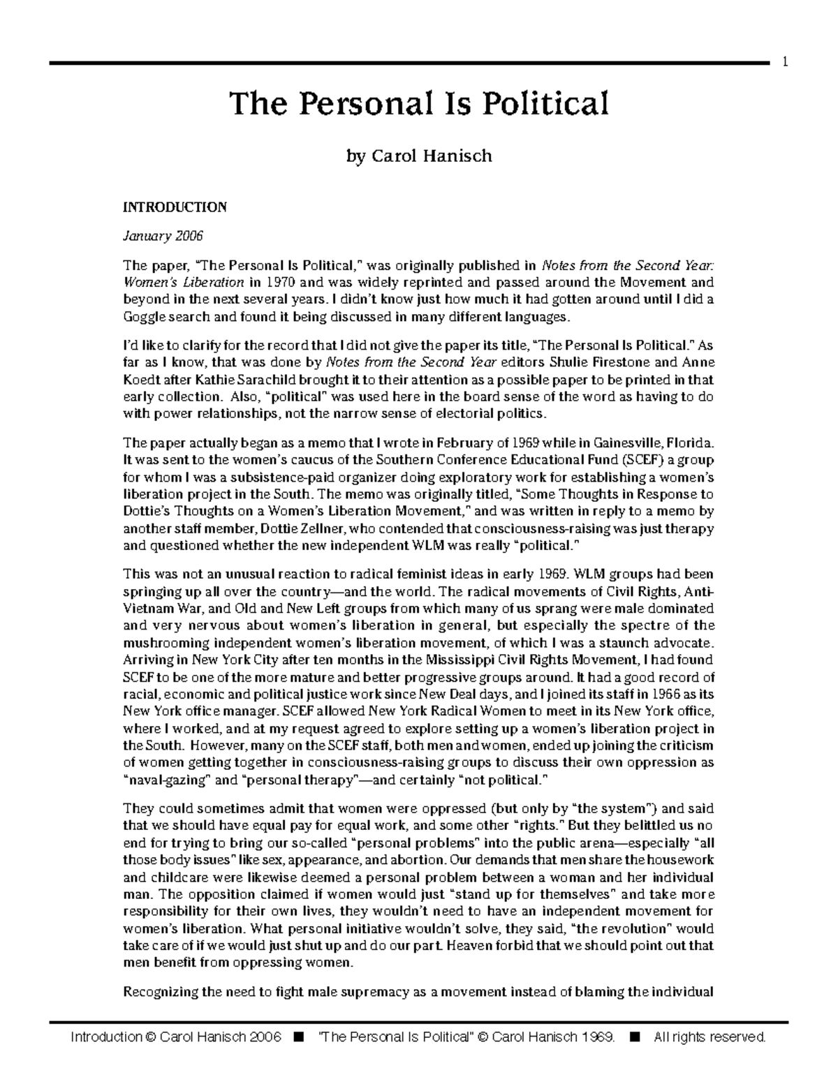 06 Personal is Political: A Critical Analysis by Carol Hanisch - Studocu