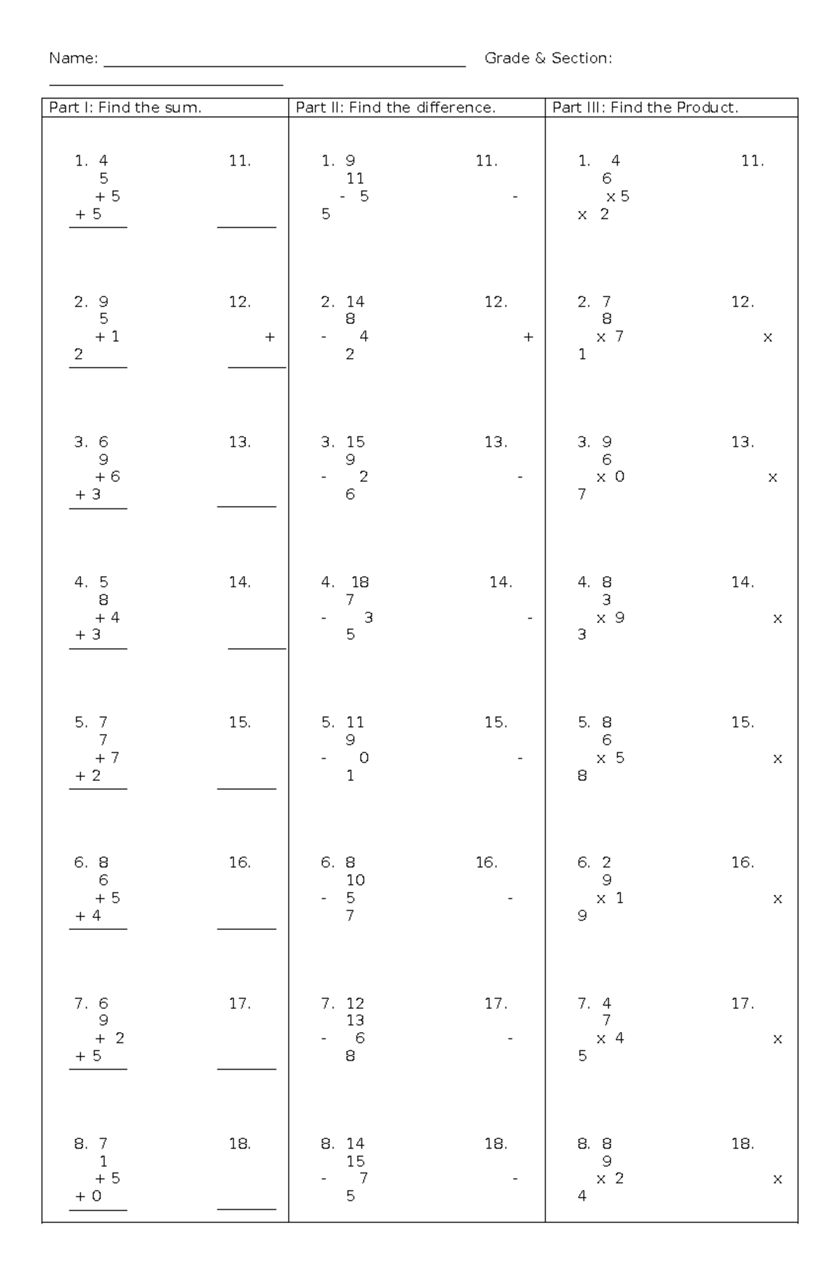 Obfad - Math Assessment Practice: Sums, Differences & Products - Studocu