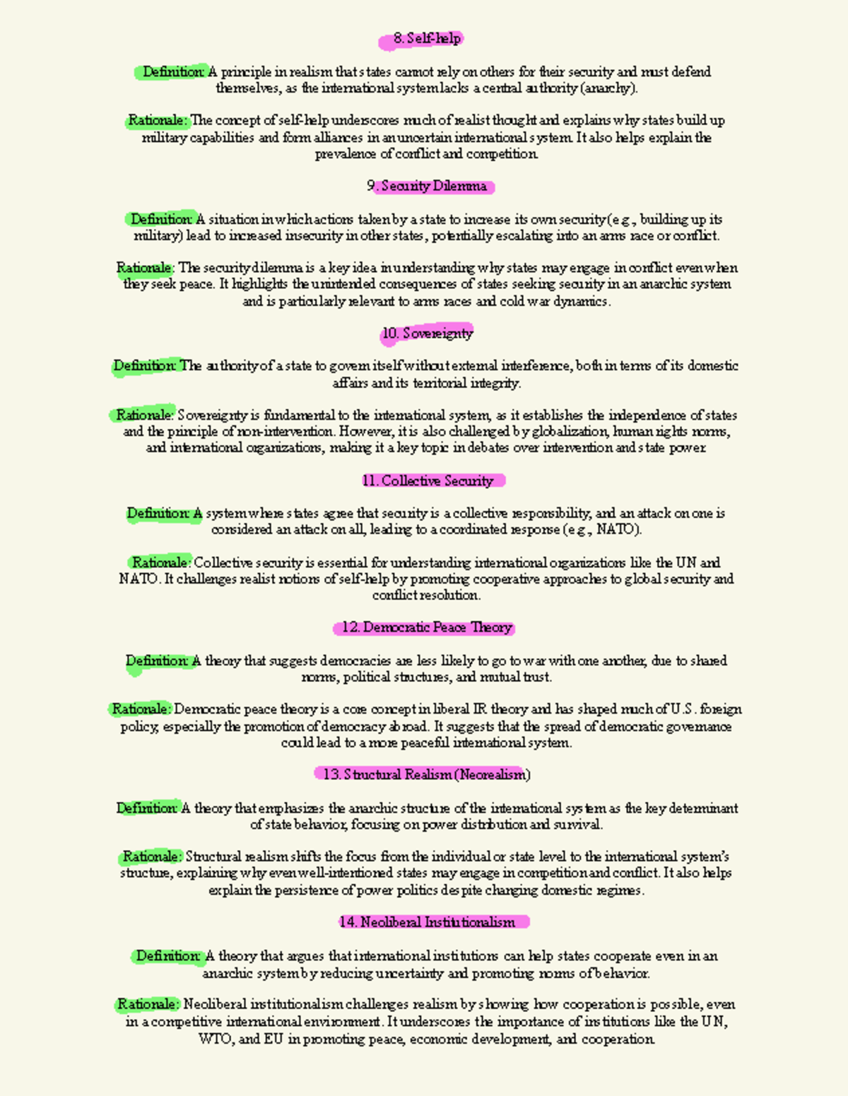 Midterm Exam Notes for POLI 205: Key Concepts in International ...
