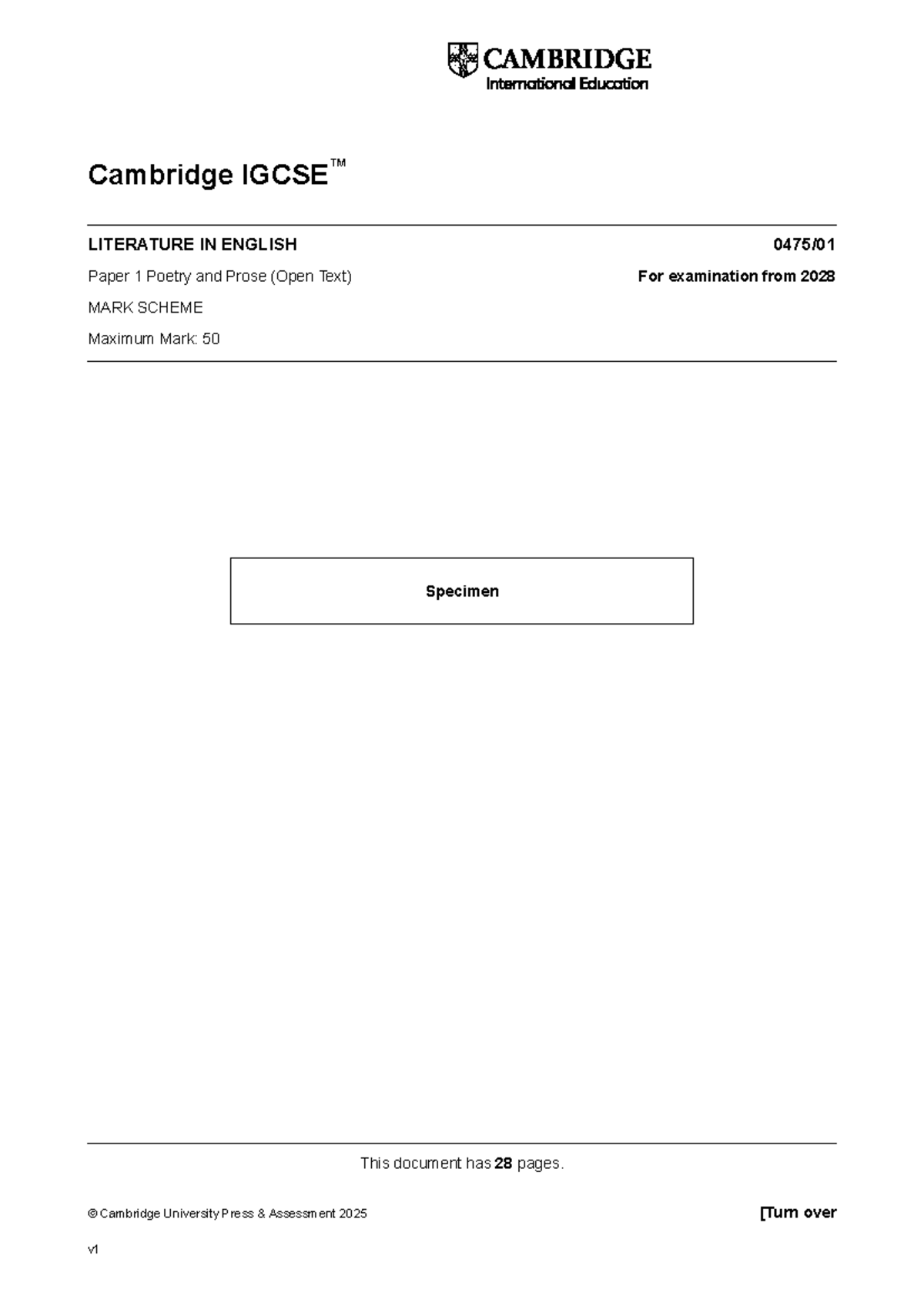 Cambridge IGCSE 2028 Specimen Paper 1 Poetry & Prose Mark Scheme - Studocu