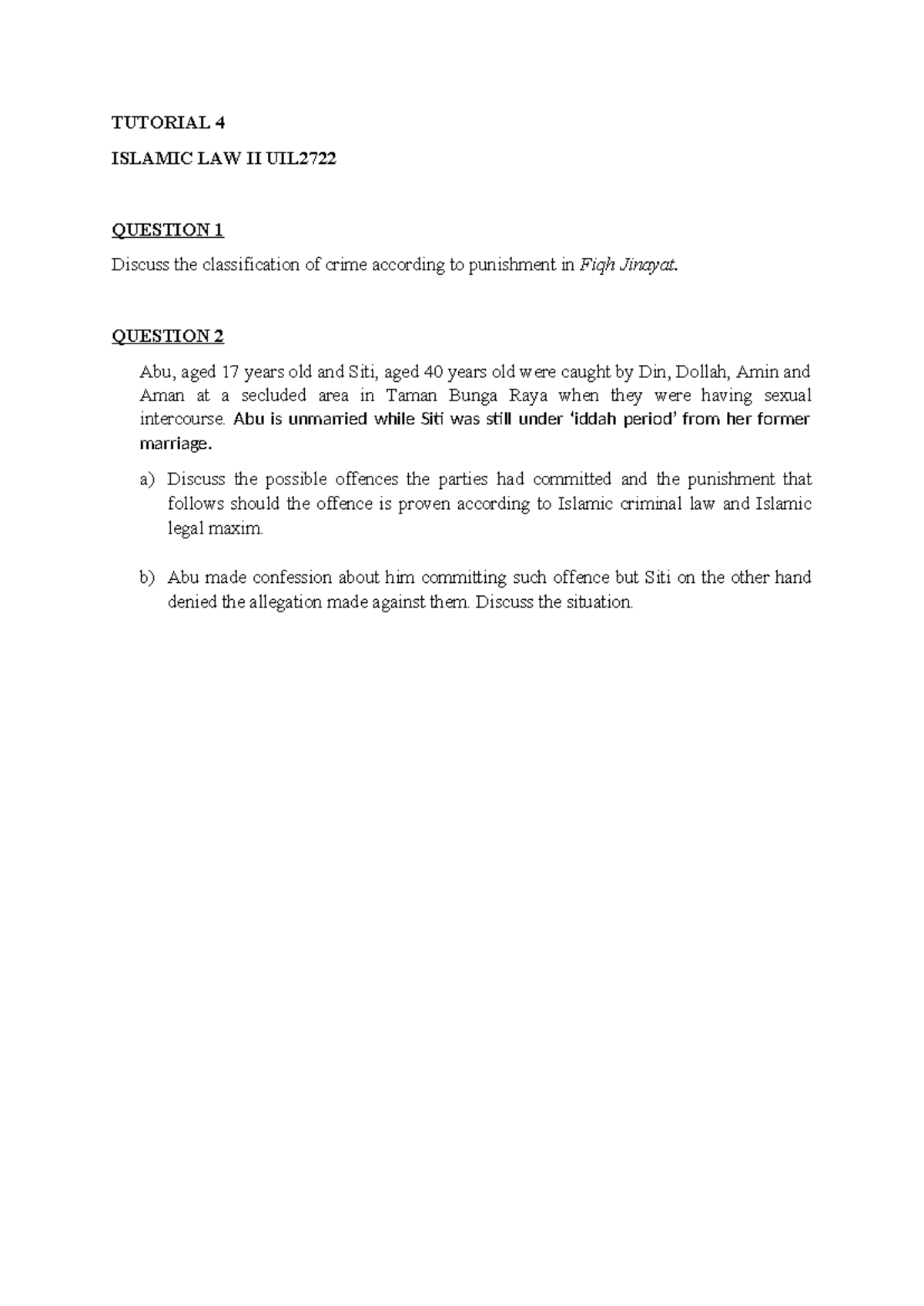 Islamic Law II UIL Tutorial 4: Classification of Crime & Offenses - Studocu