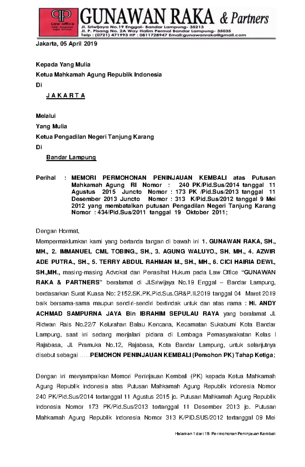 Memori Permohonan PK Hi. Andy Achmad Sampurna Jaya (PK 240/2015) - Studocu