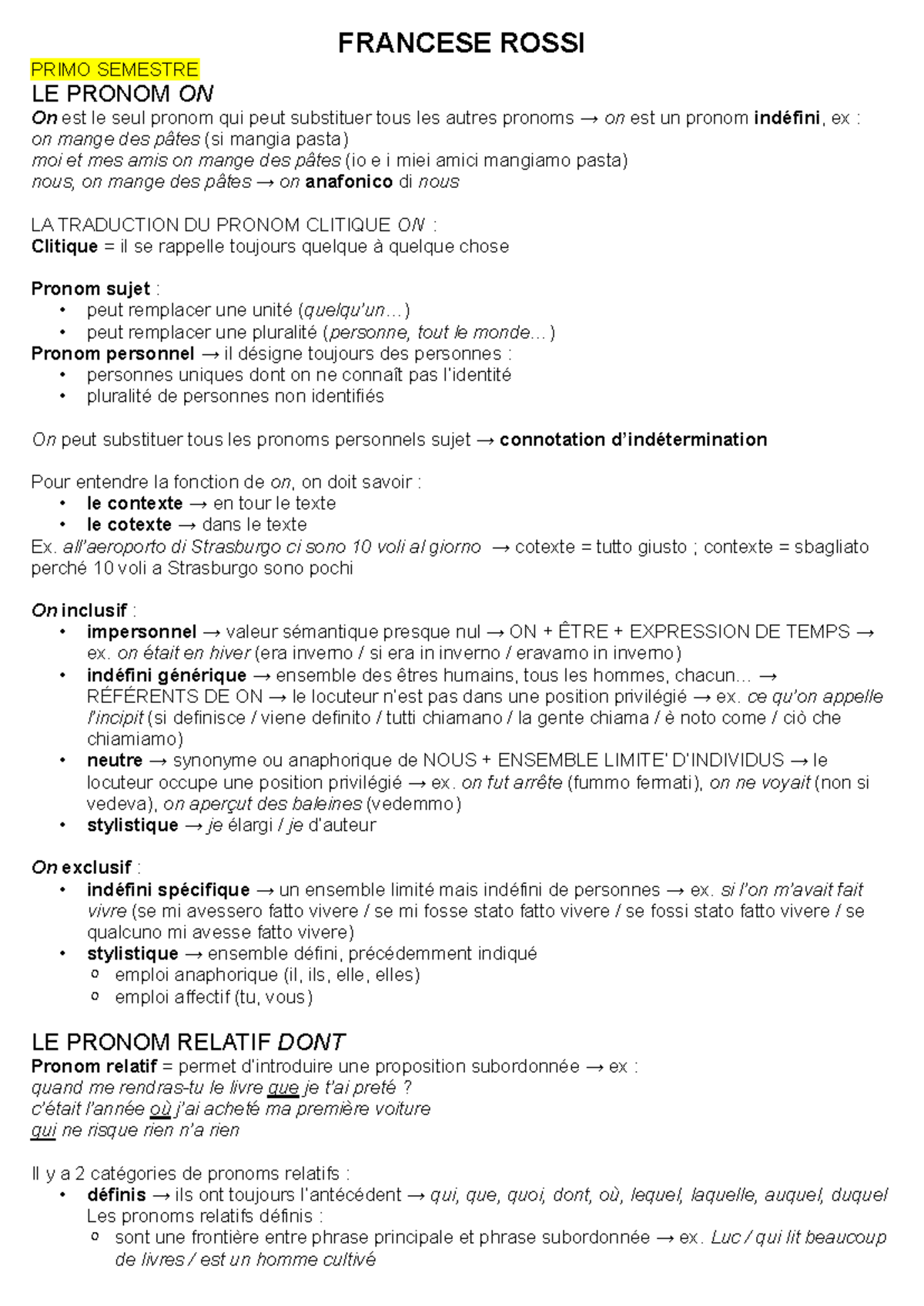 FRANCESE 2 SEMESTRE - LE PRONOM ON ET LES PRONOMS RELATIFS - Studocu