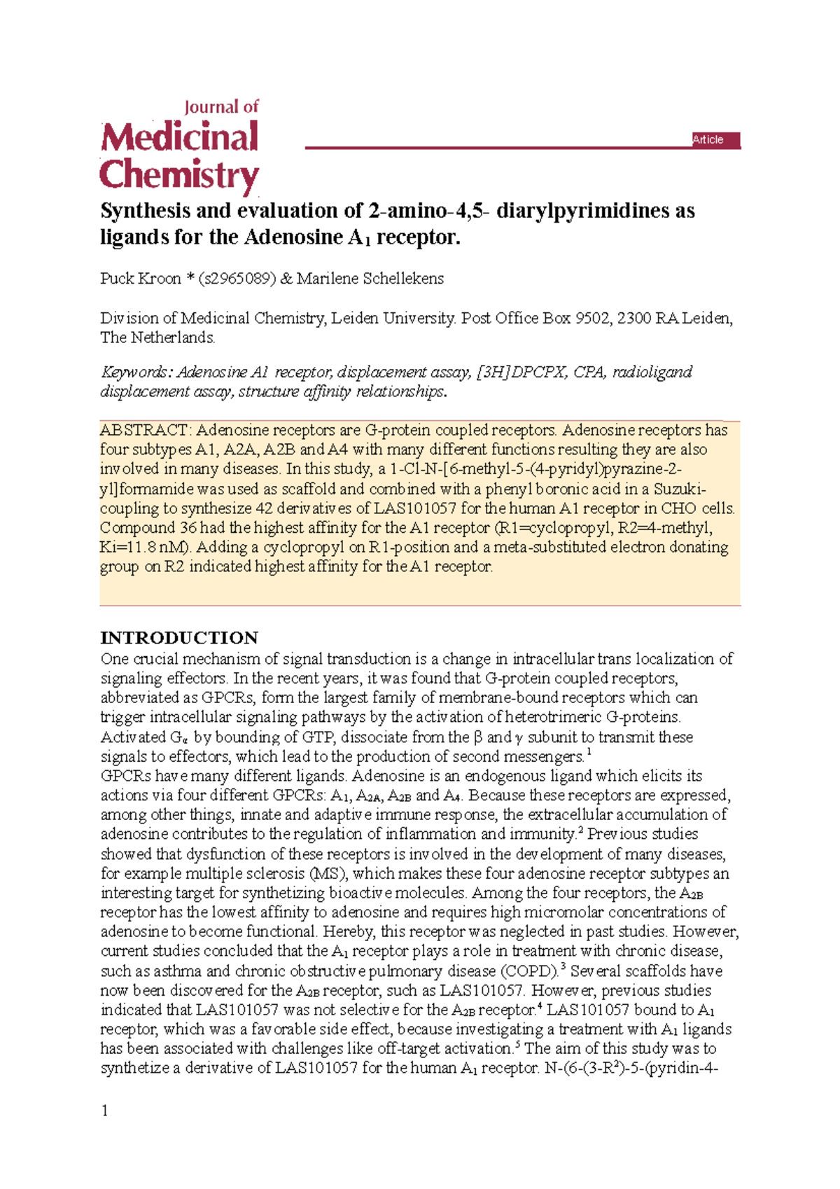 Synthesis and Evaluation of 2-Amino-4,5-Diarylpyrimidines for A1 ...