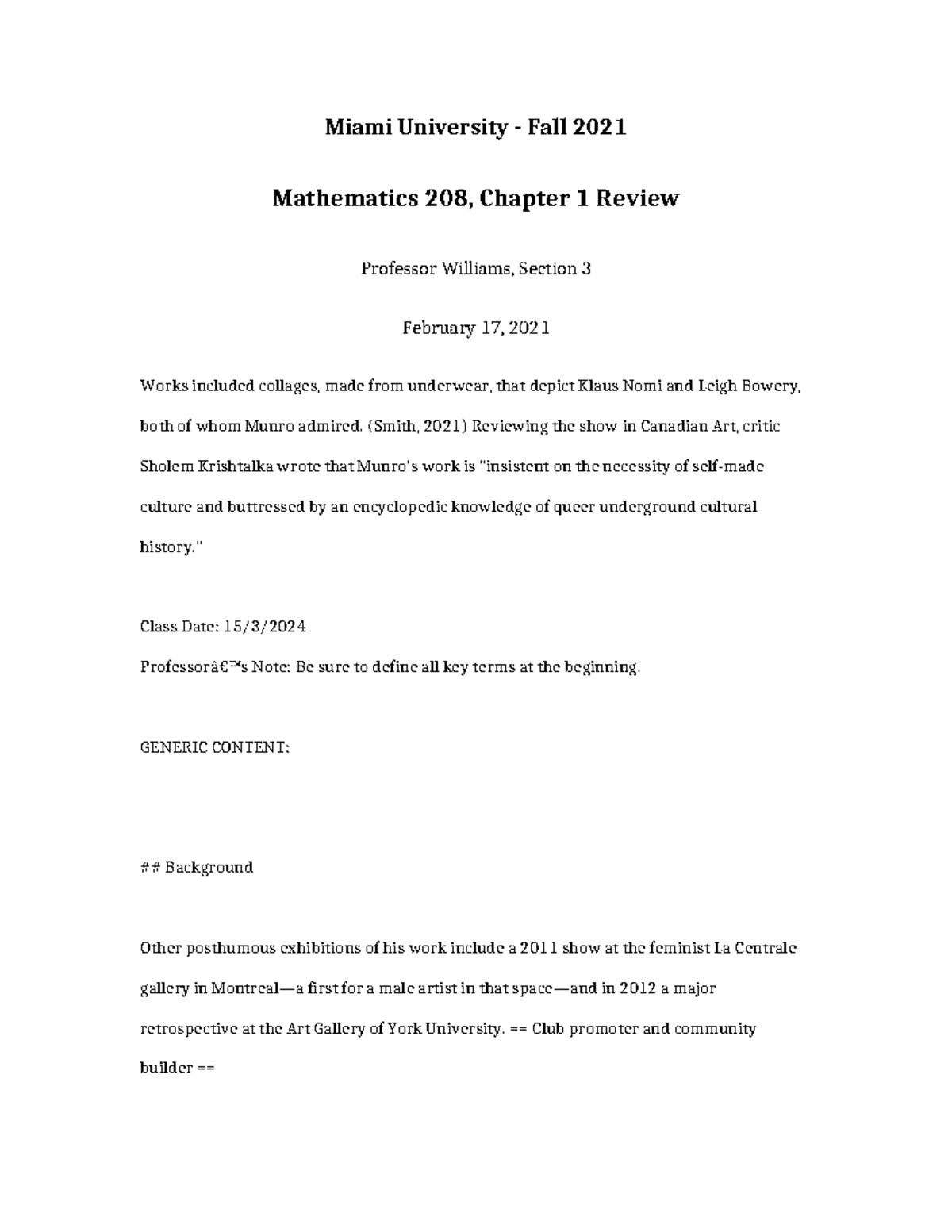 Mathematics 208 Fall 2021, Chapter 1 Review Notes by Prof. Williams ...
