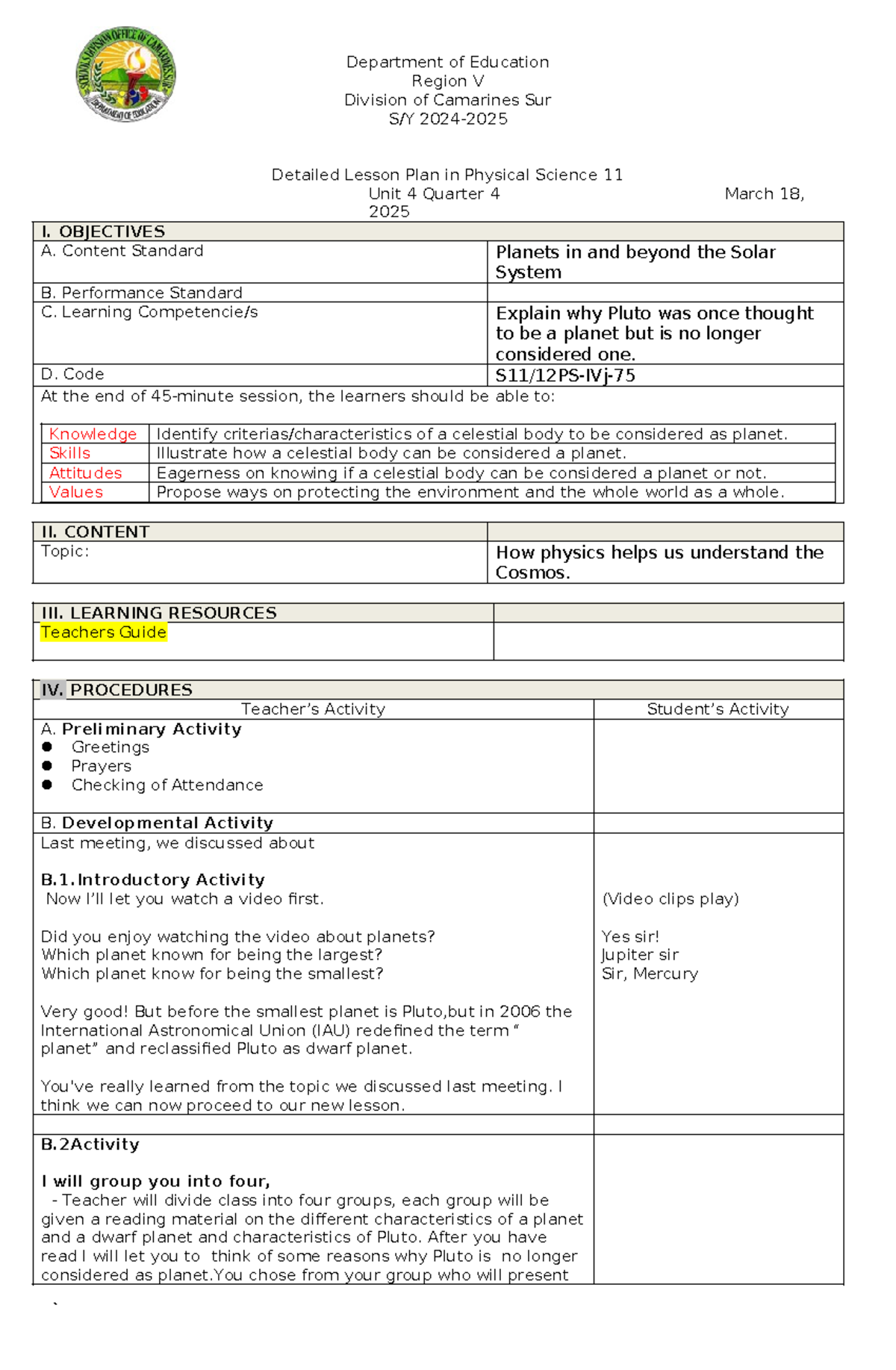 Pluto - Lesson plan SHS fourth quarter - Department of Education Region ...