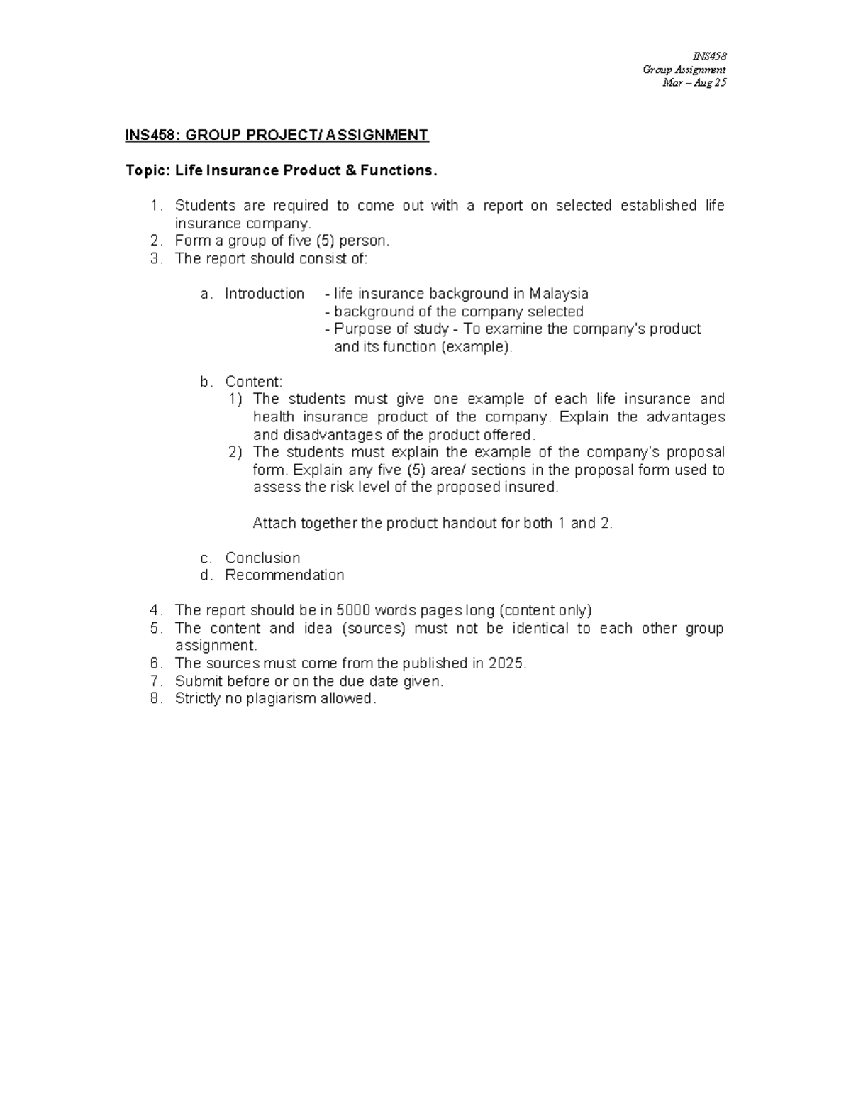 INS458 Group Assignment: Life Insurance Product Functions Report - Studocu