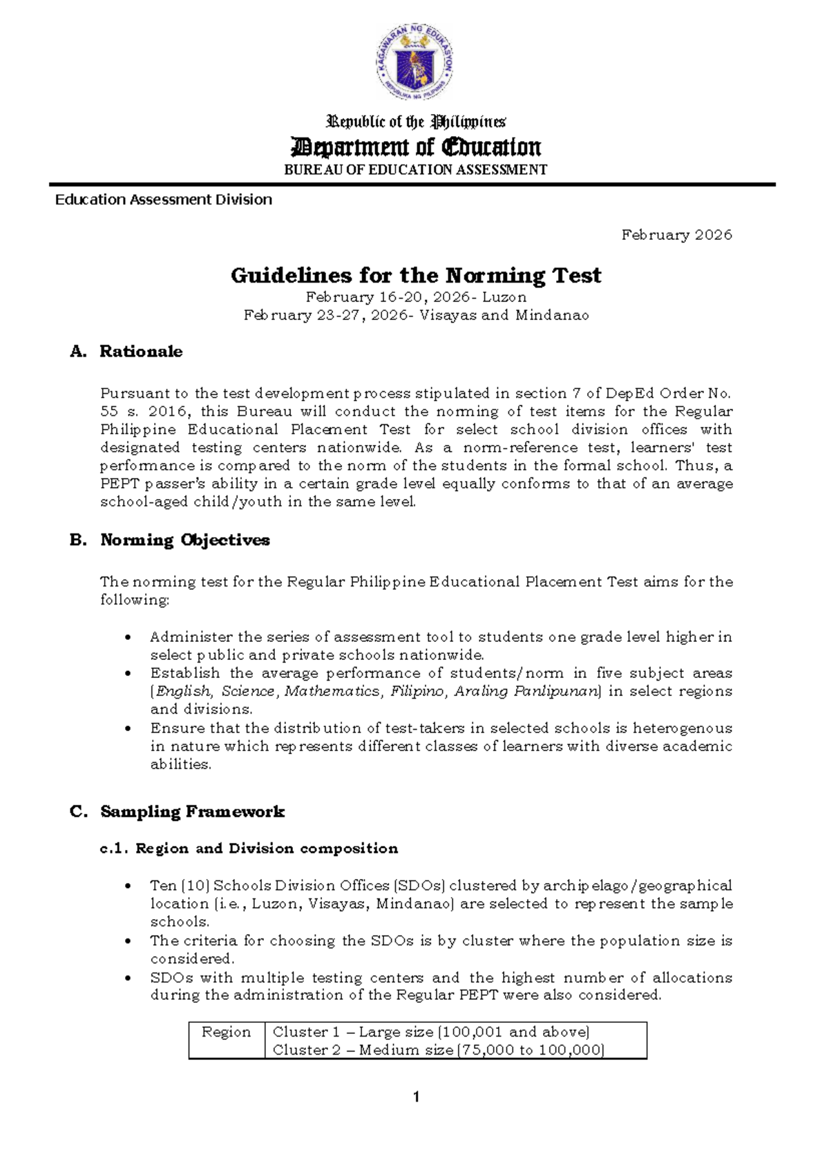 Guidelines for Norming Test PEPT - Luzon, Visayas, Mindanao - Studocu