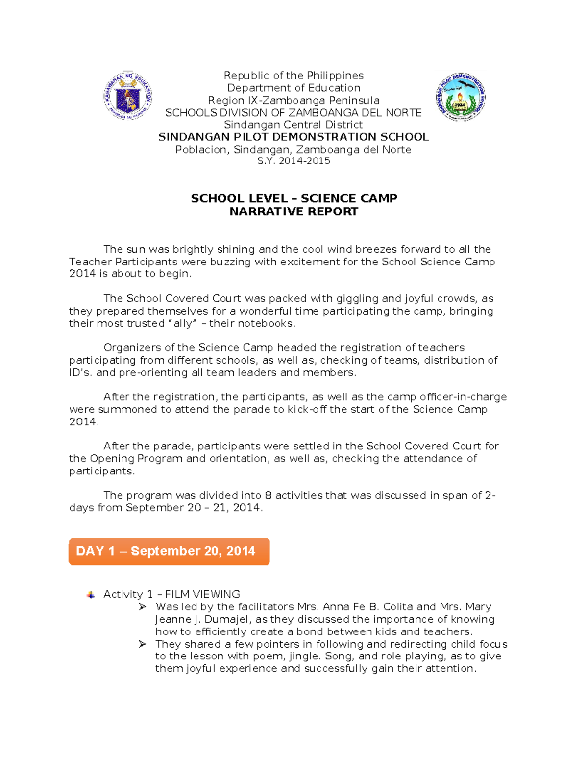 Science CAMP Narrative Report 2014: Activities & Highlights - Studocu