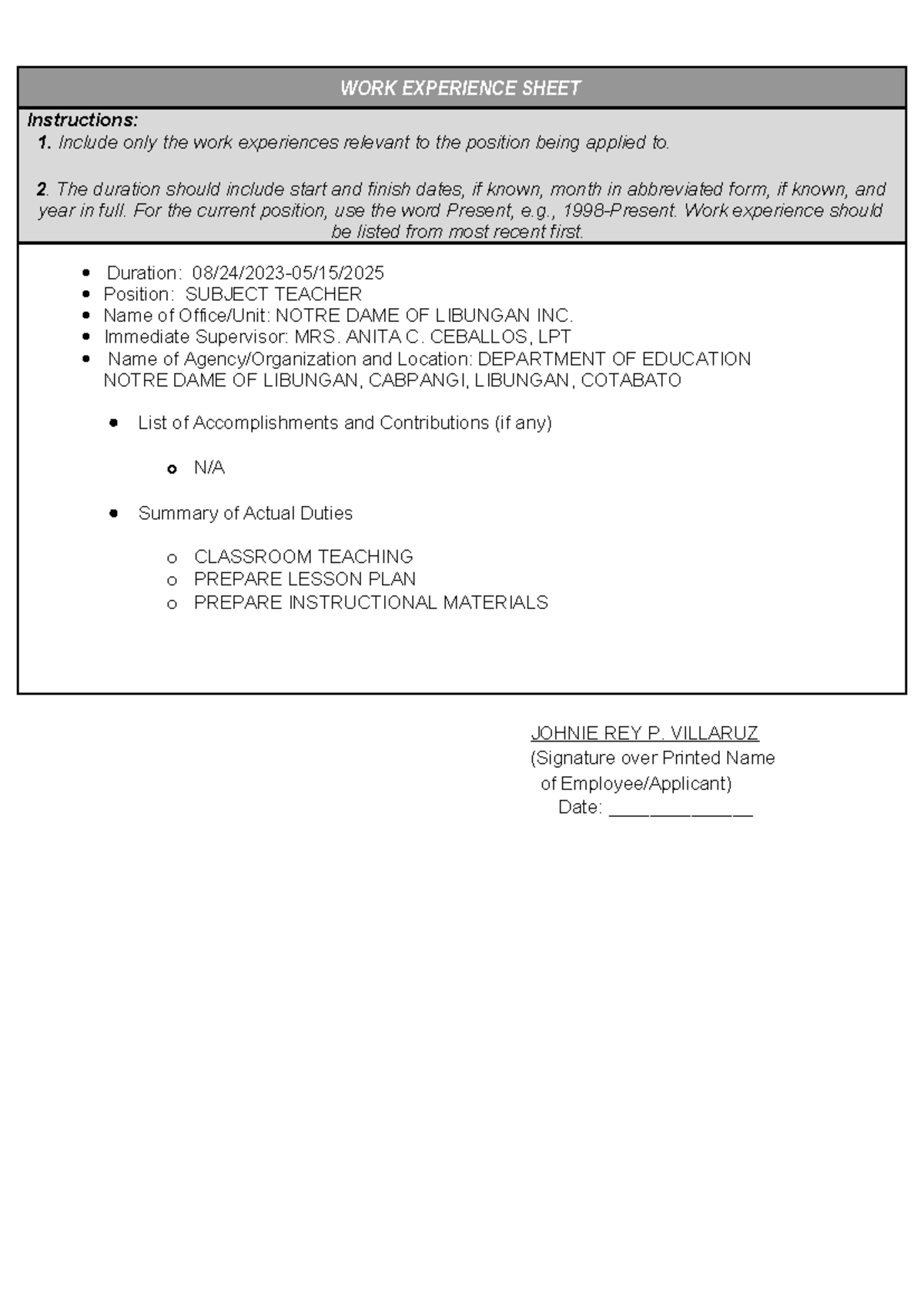 CS Form No. 212: Work Experience Sheet for Subject Teacher - Studocu