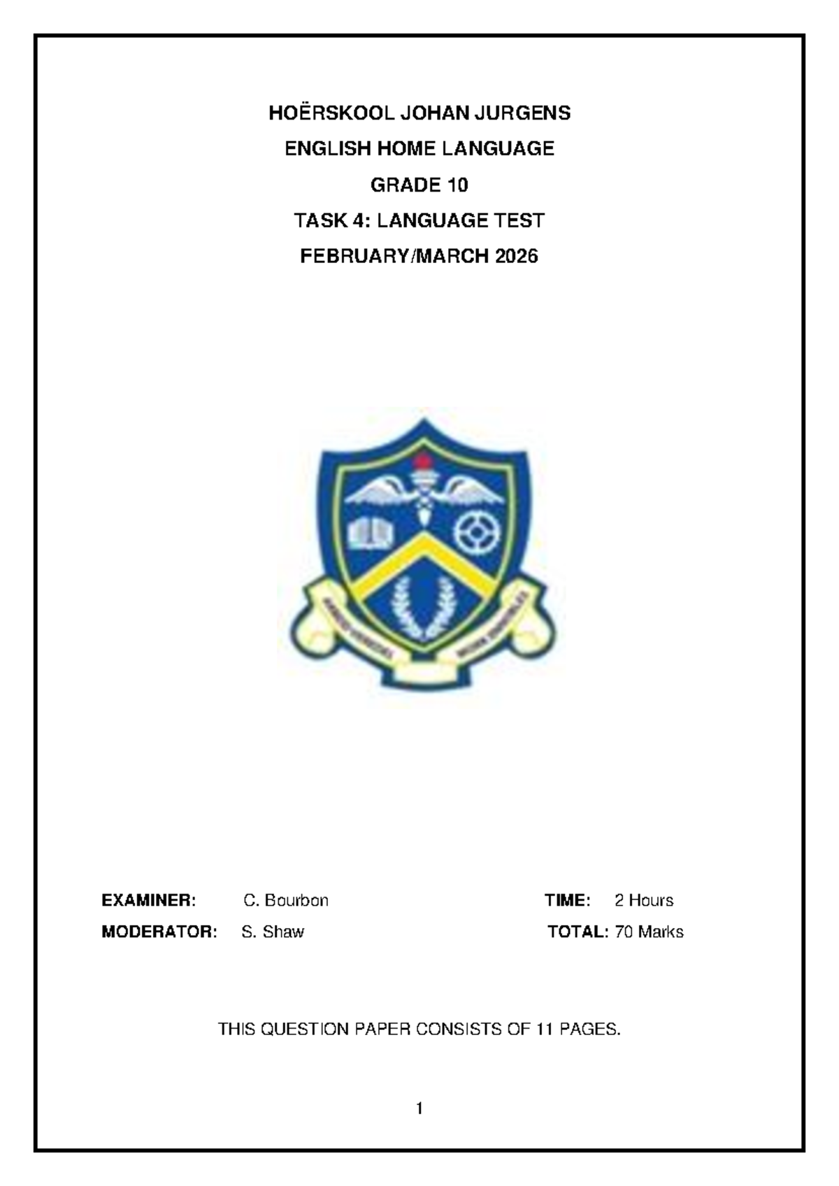 Task 4 Language Test - English Home Language Grade 10 (2026) - Studocu