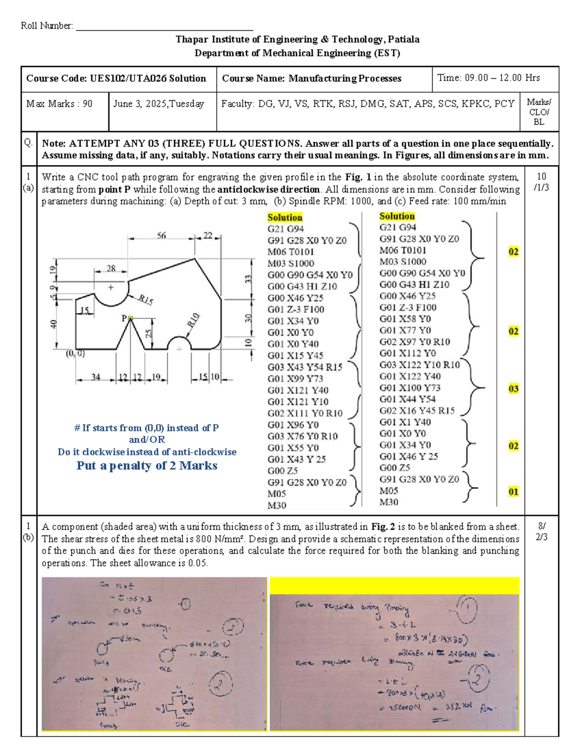 Manufacturing Processes (EST UES102) Exam Solutions - June 2025 - Studocu