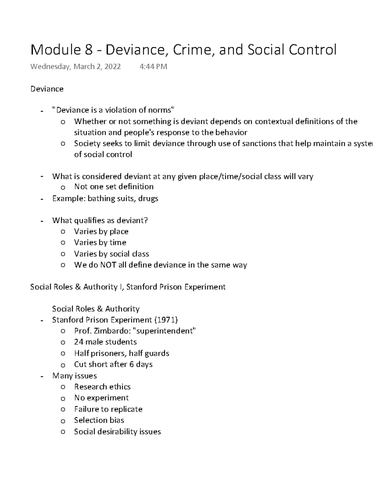 Module 8 - Deviance, Crime, and Social Control - Deviance "Deviance is ...