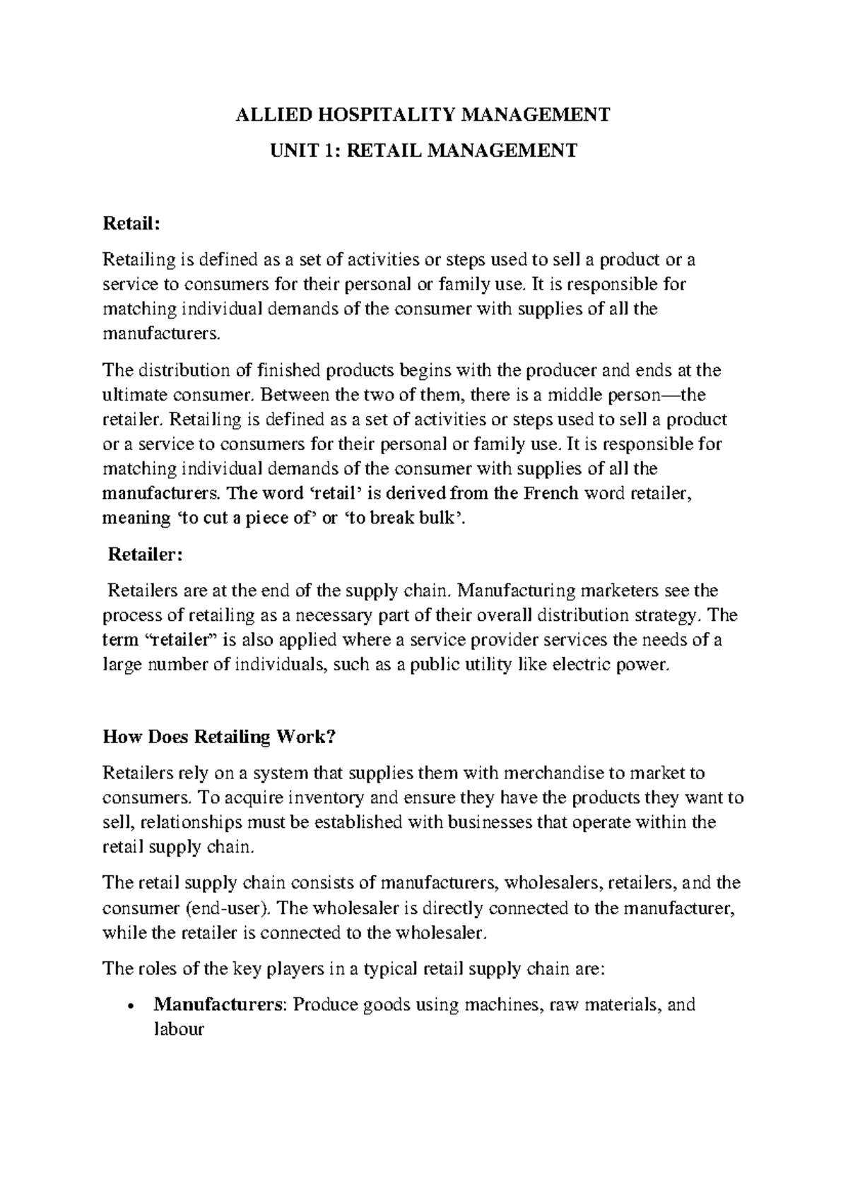 AHM Chapter 1 - Notes - ALLIED HOSPITALITY MANAGEMENT UNIT 1: RETAIL ...