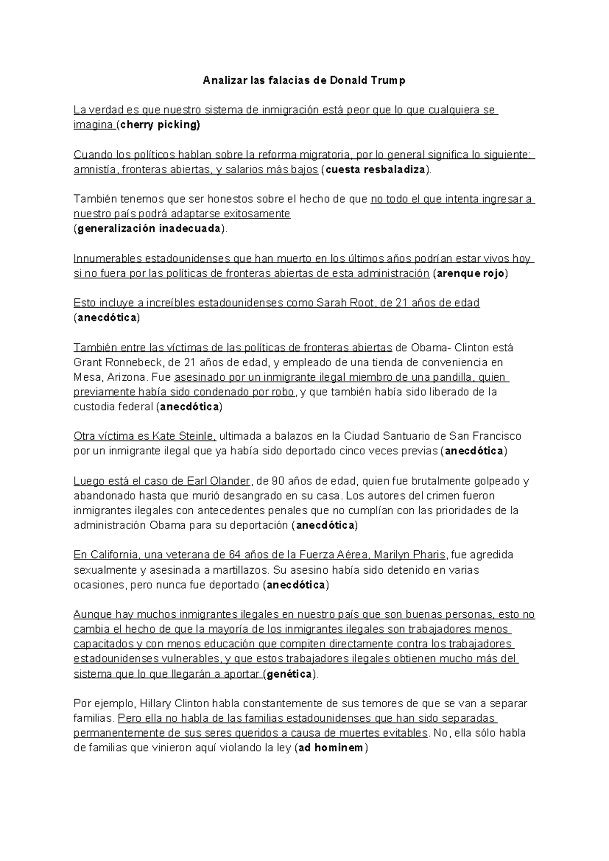 Falacias en el Discurso de Donald Trump: Análisis y Ejemplos - Studocu