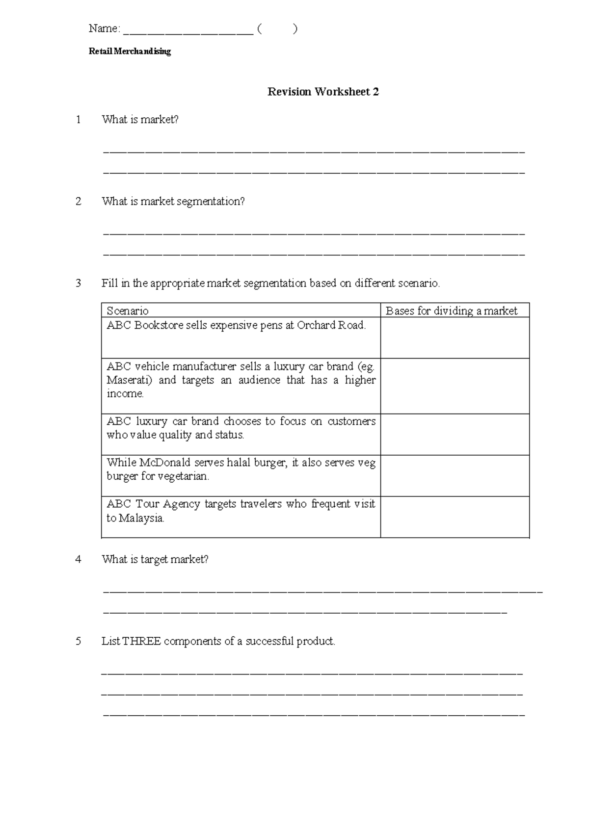 Retail Merchandising Revision Worksheet 2: Market Segmentation ...