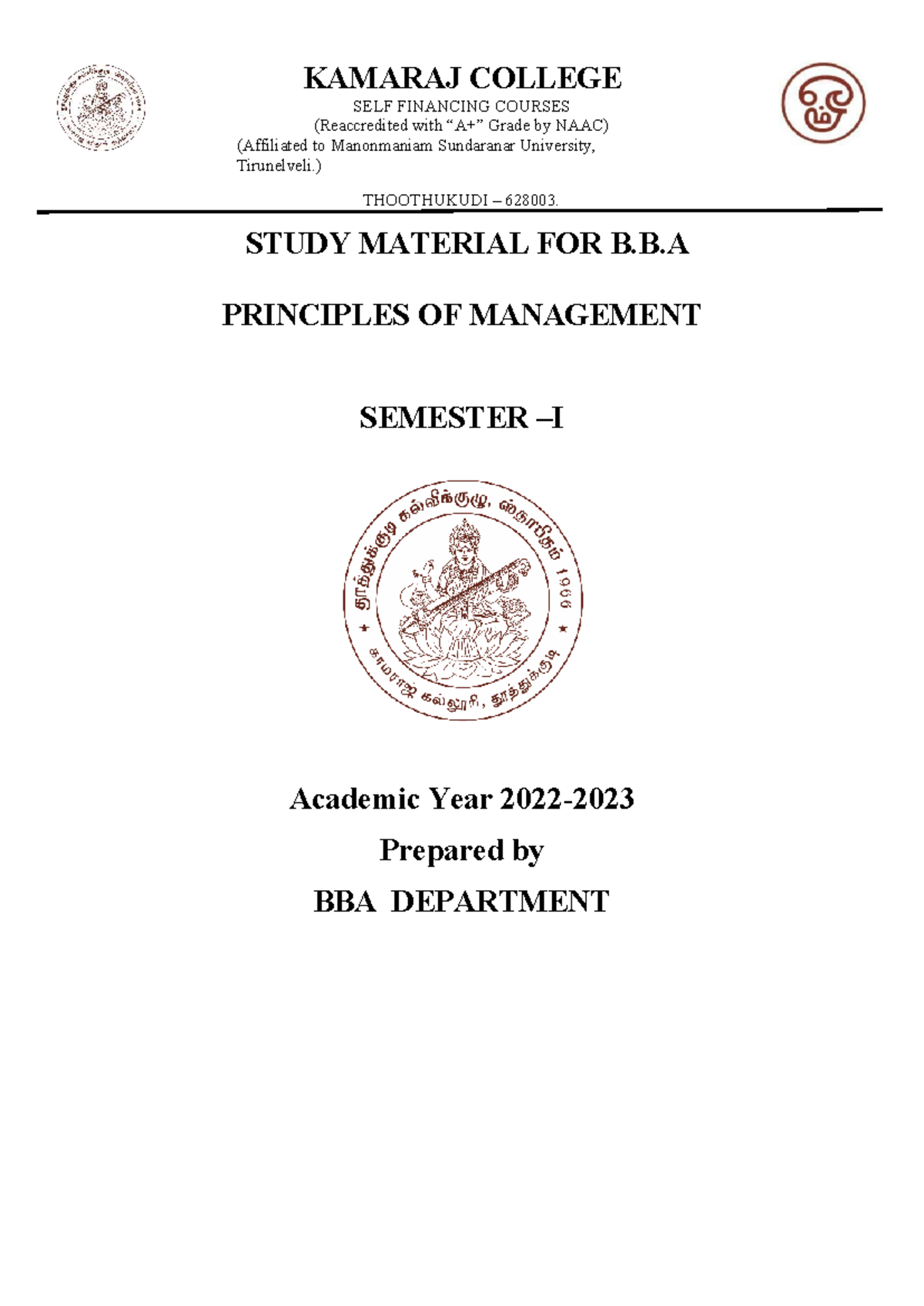 BBA Principles of Management Semester I Study Material Overview - Studocu
