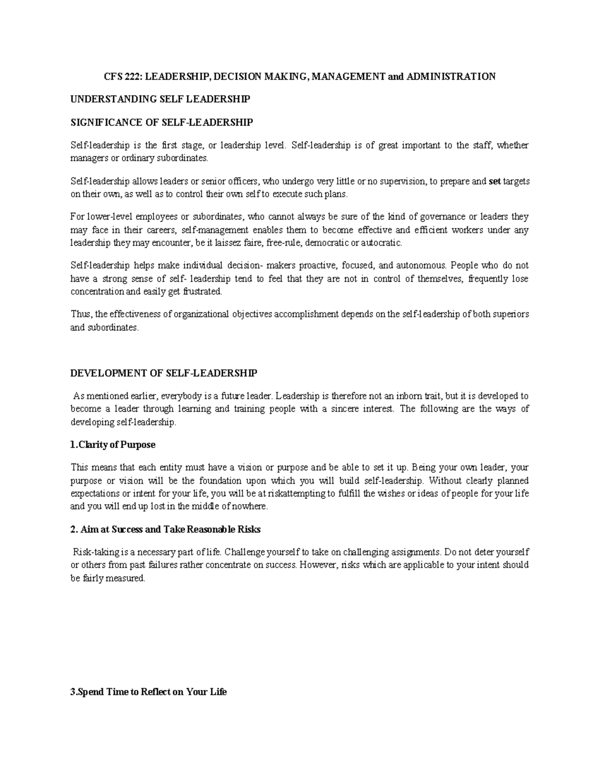 CFS 101: Understanding Self-Leadership and Management Principles - Studocu