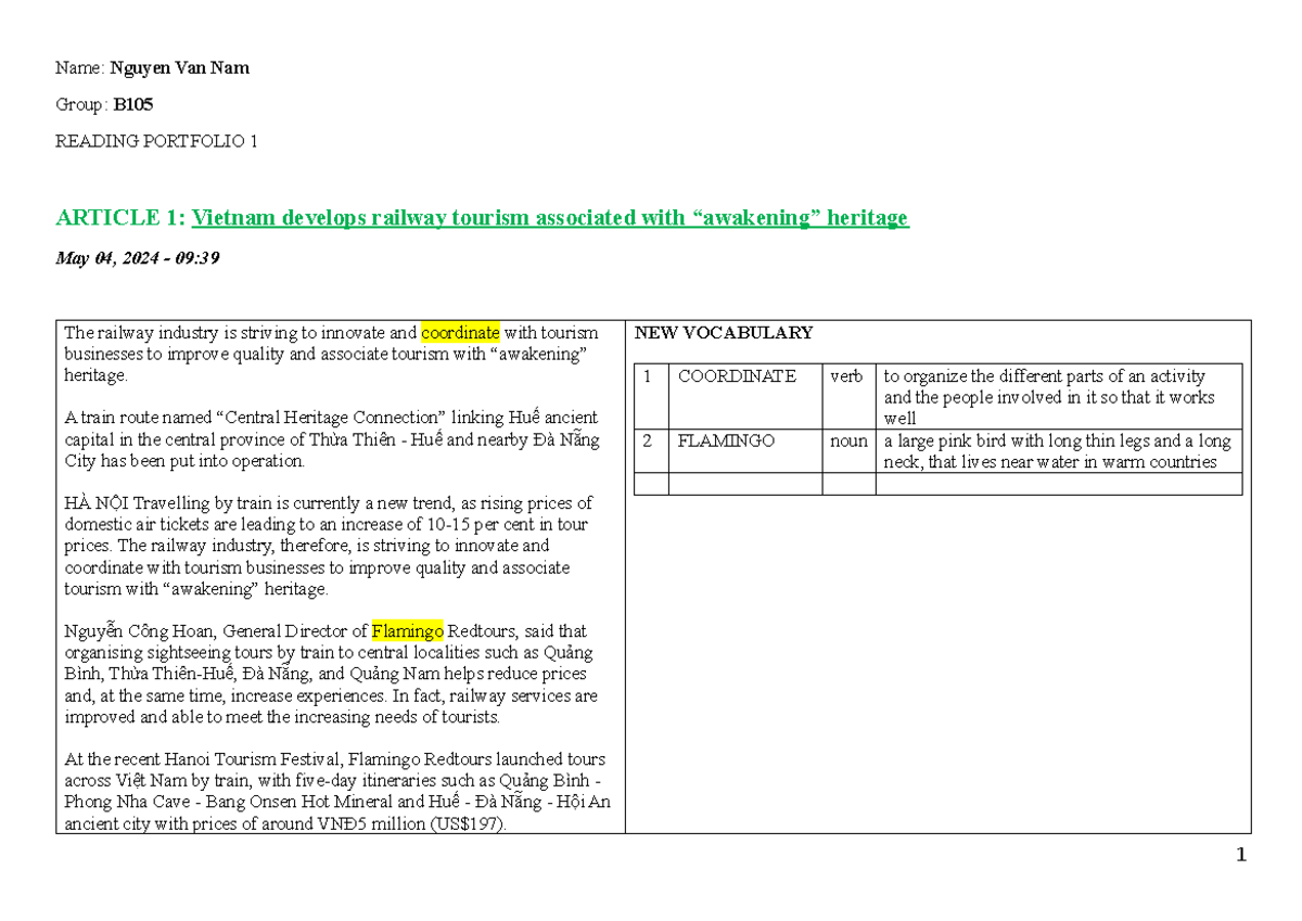 Reading porfolio - Sample - Name: Nguyen Van Nam Group: B READING ...