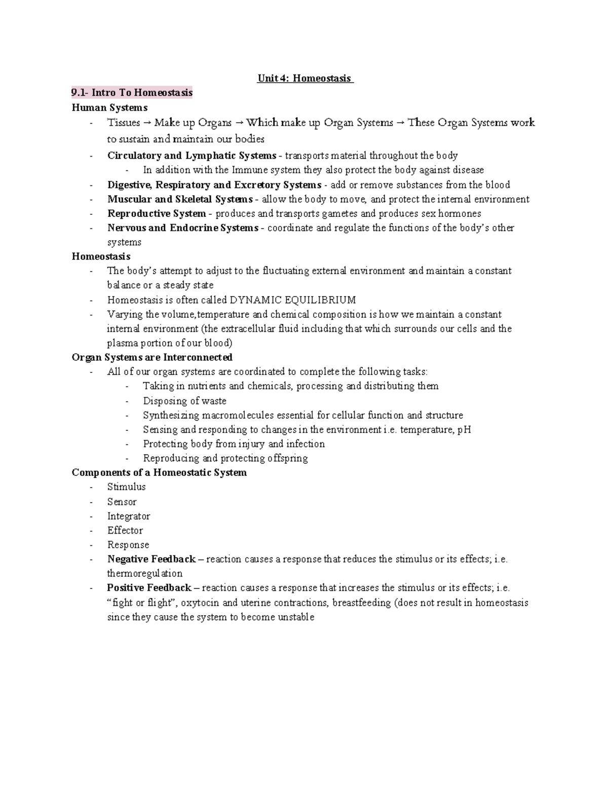 Unit 4: Homeostasis - Comprehensive Class Notes on Human Systems - Studocu