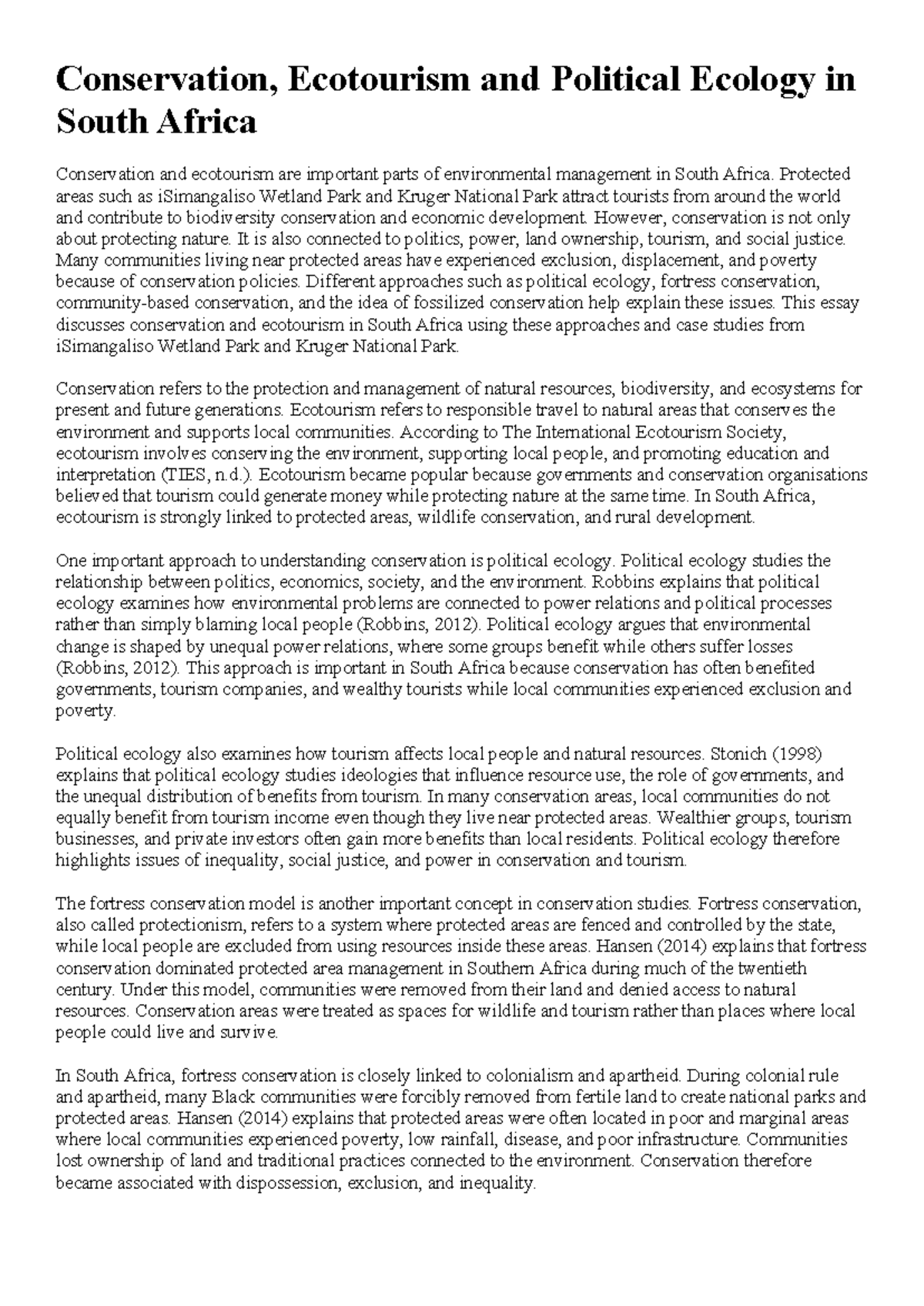 GEOG301: Conservation, Ecotourism, and Political Ecology in South ...