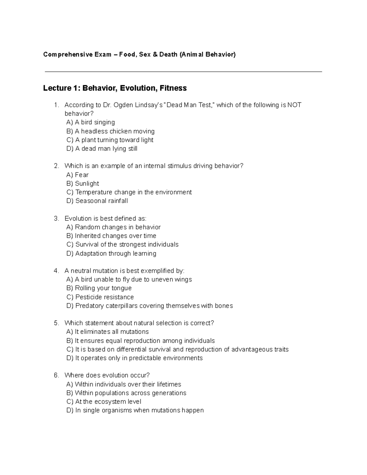 Comprehensive Exam: Animal Behavior (Evol) Lecture Notes - Studocu