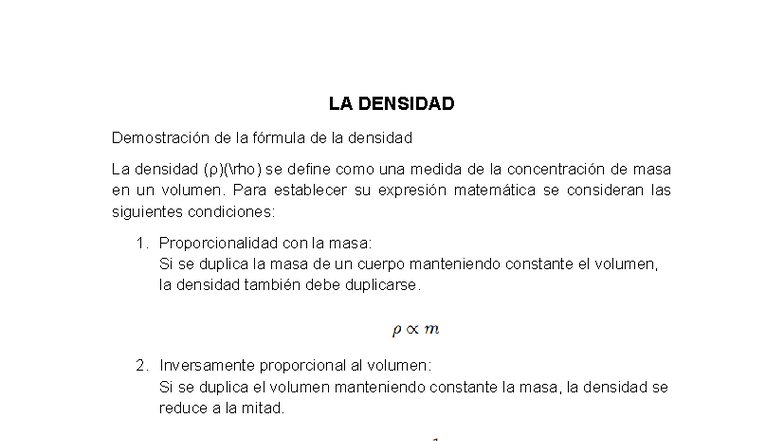 LA DENSIDAD: Demostración de la Fórmula y Proporcionalidades - Studocu