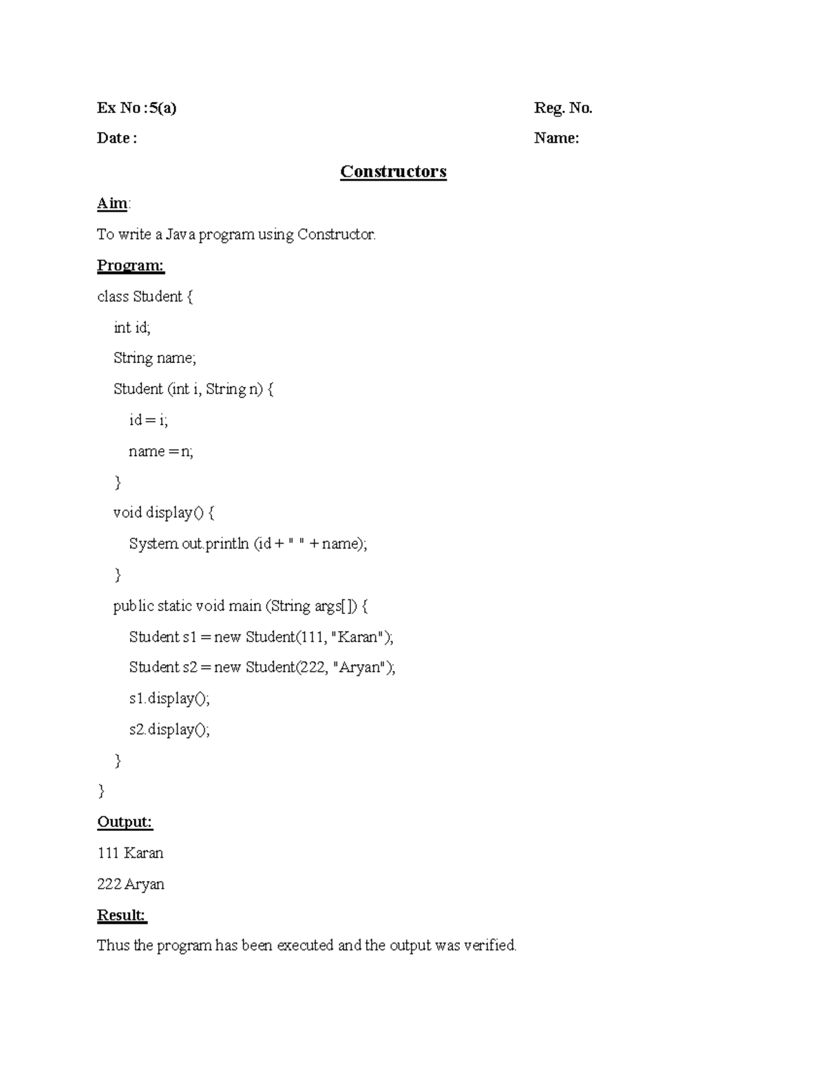 Oops Java lab - Ex No. 5a 5b and 6 - Ex No :5(a) Reg. No. Date : Name ...