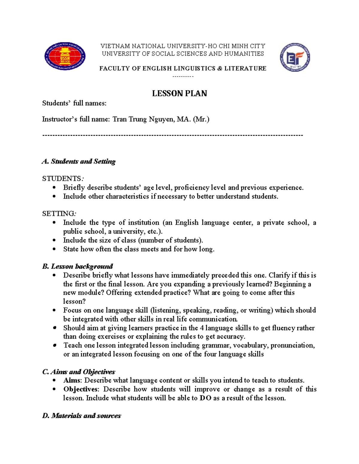 ENG 101: Lesson Plan Template for Integrated Language Skills - Studocu