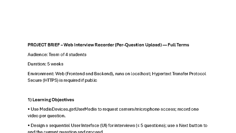 Project CN 101: Web Interview Recorder Development Brief - Studocu