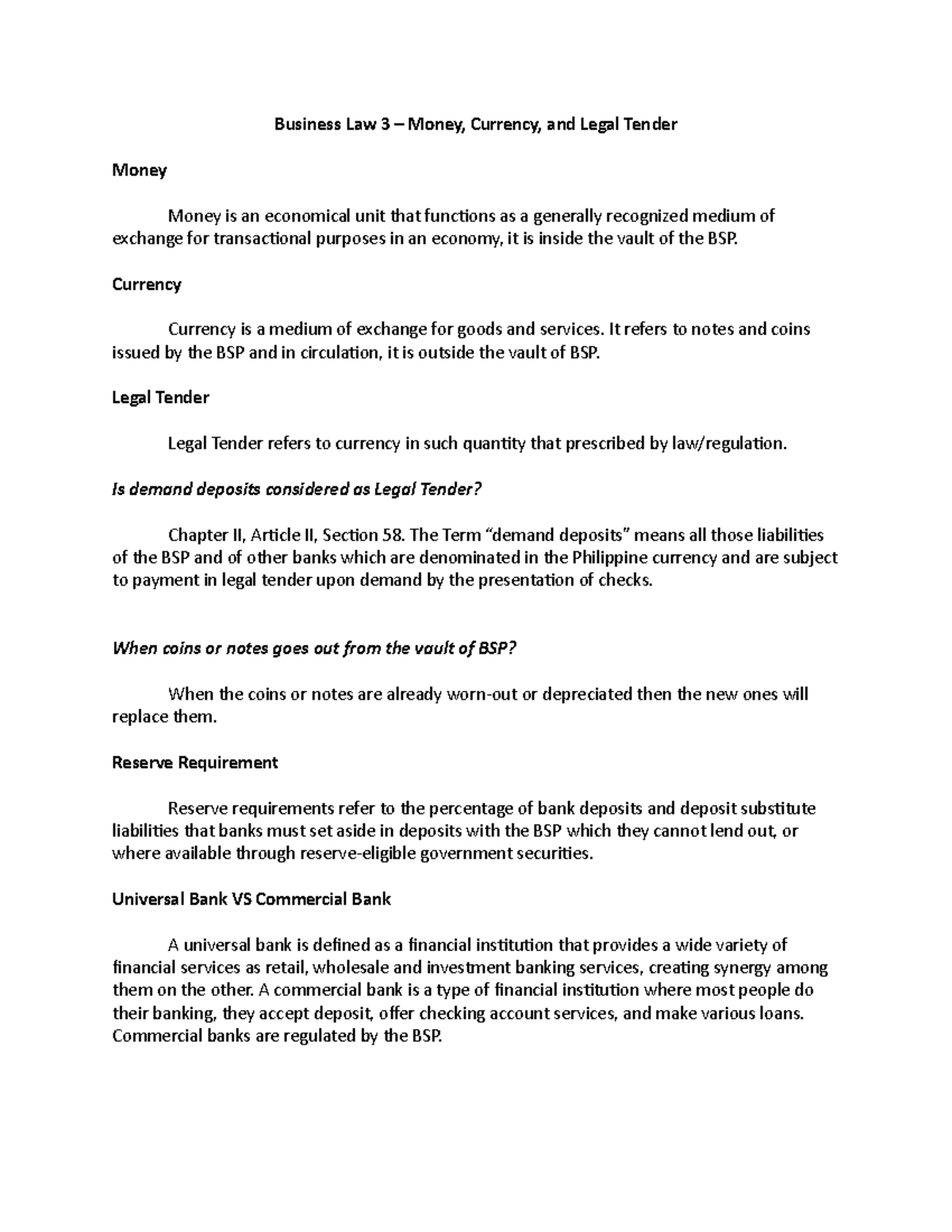 Business Law 3 - Money, Currency, and Legal Tender Overview - Studocu