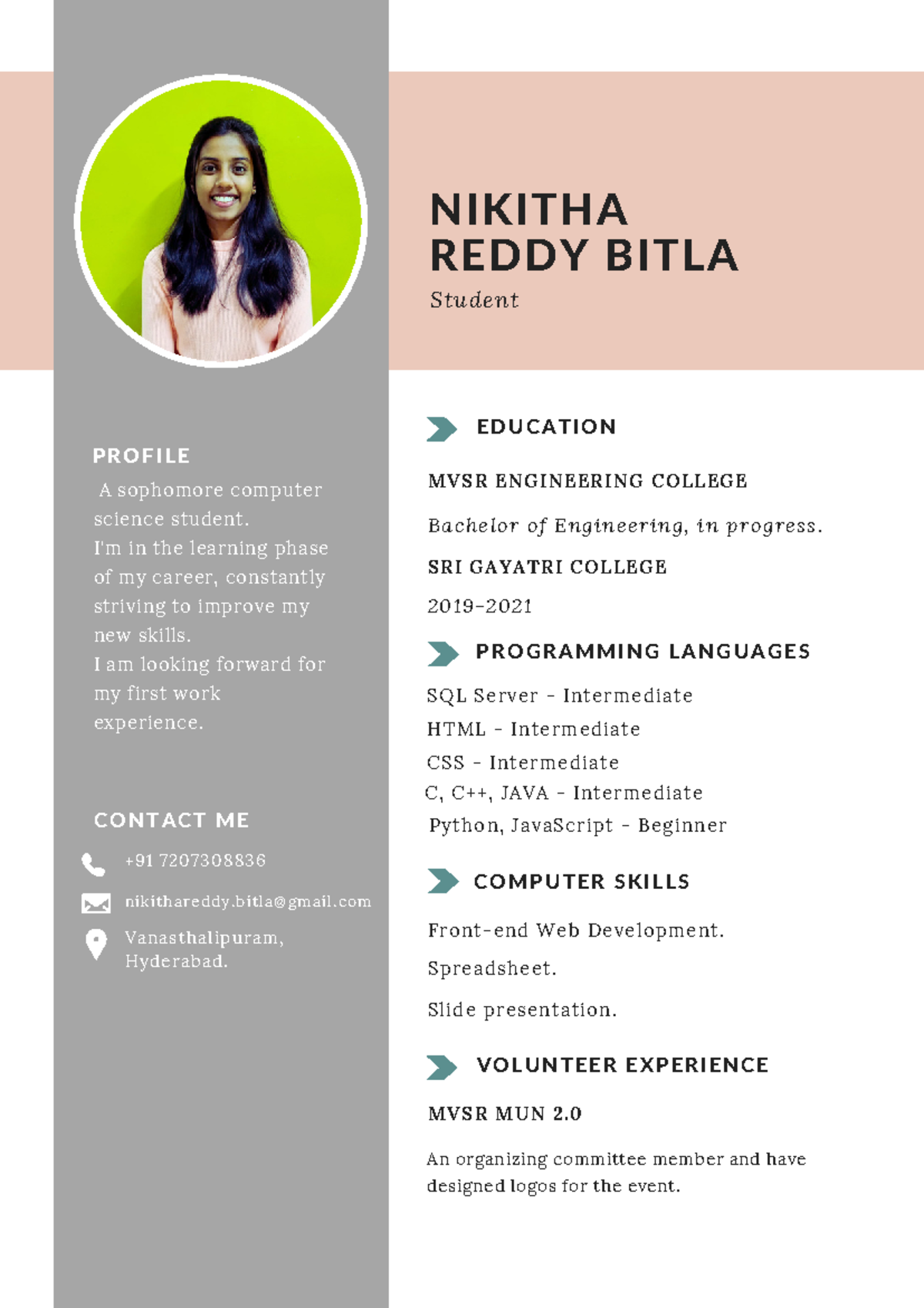 White Simple Student Cv Resume - NIKITHA REDDY BITLA Student P R O F I L E A sophomore computer ...