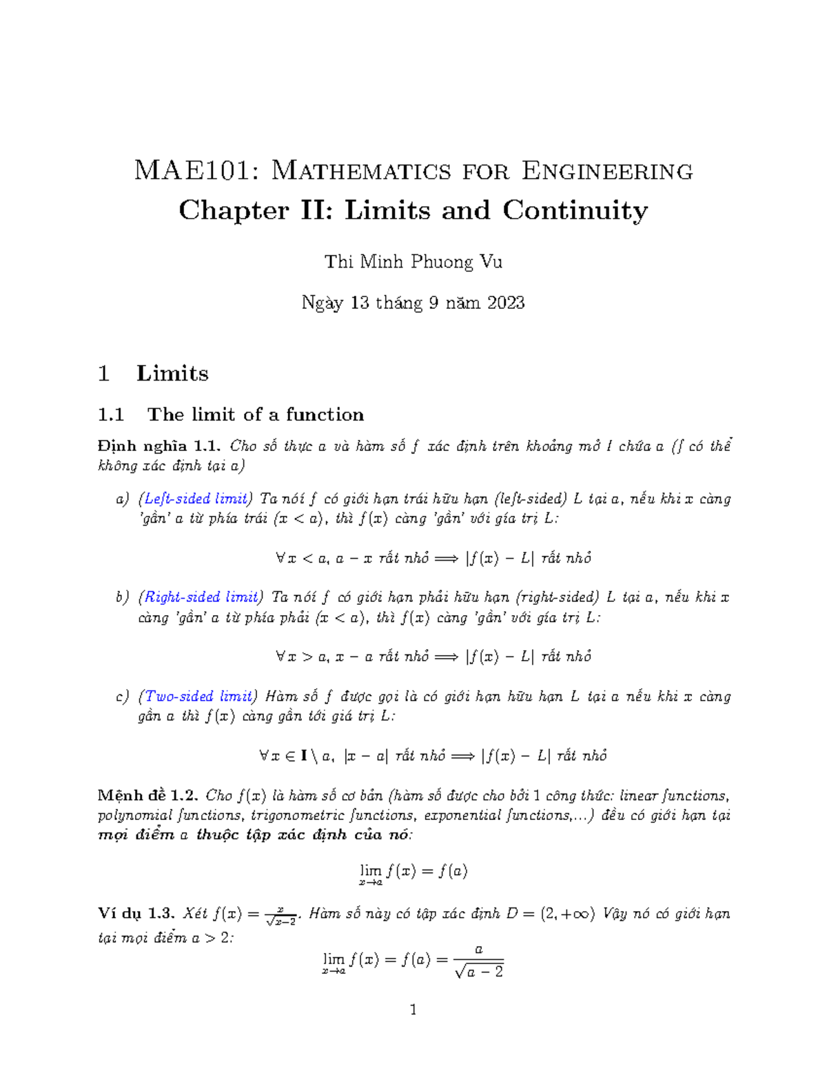 Limits and Continuity - áeasea - MAE101: Mathematics for Engineering Chapter II: Limits and ...